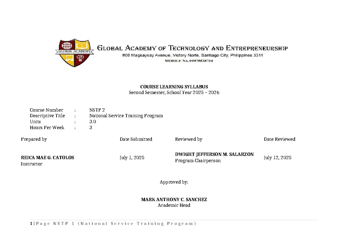 NSTP 2 Syllabus for National Service Training Program (SY 2025-2026 ...