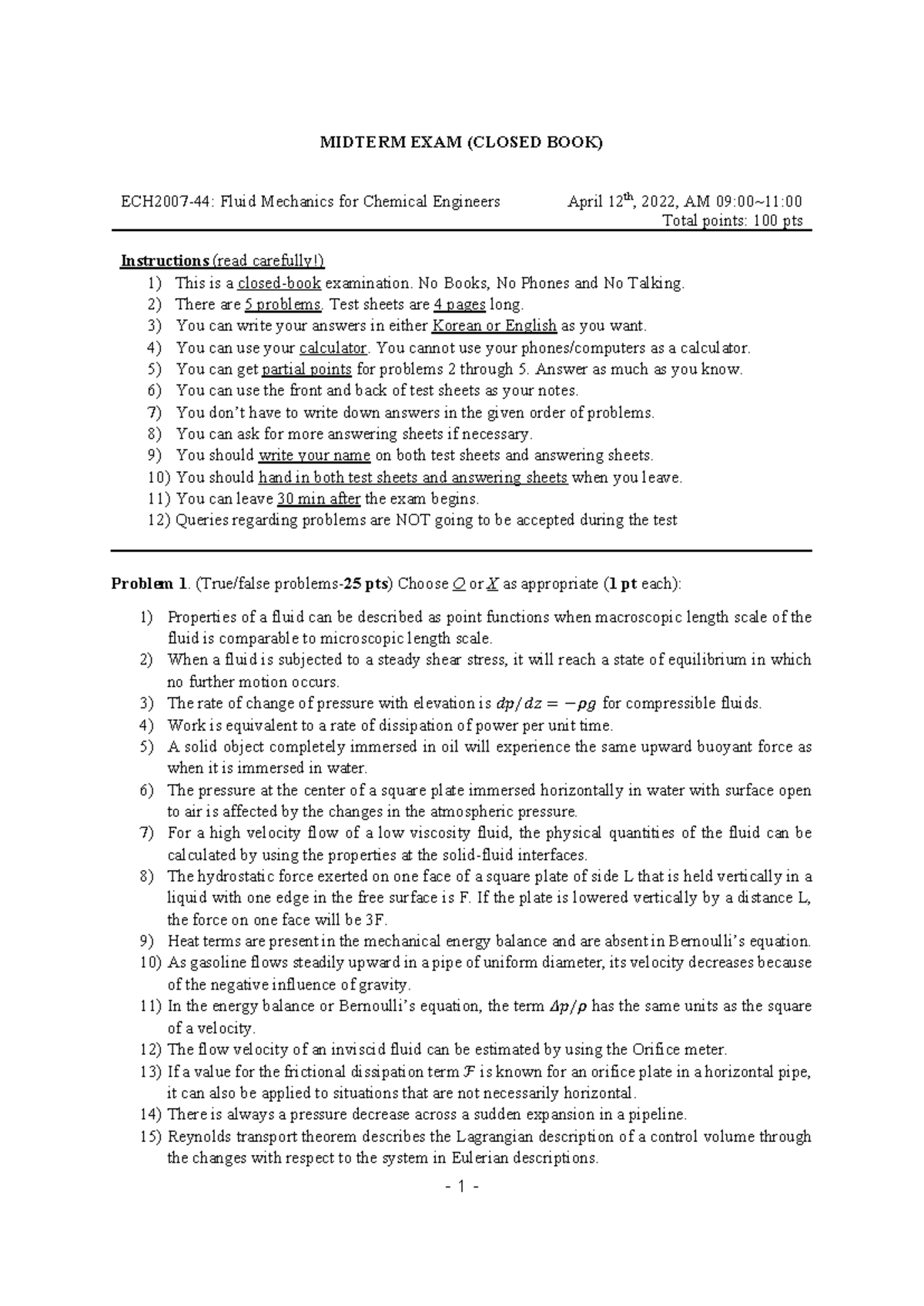 ECH2007 Midterm Exam 2022: Fluid Mechanics Closed Book Test - Studocu