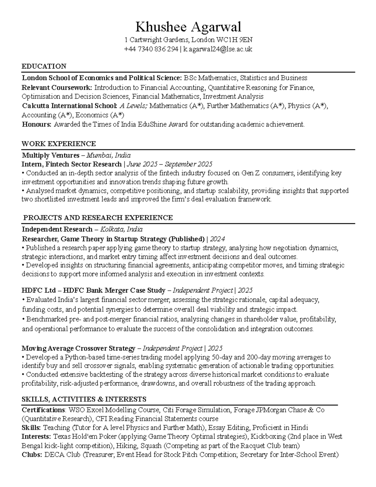 University Student Investment Banking Resume Template (BSc) - Studocu