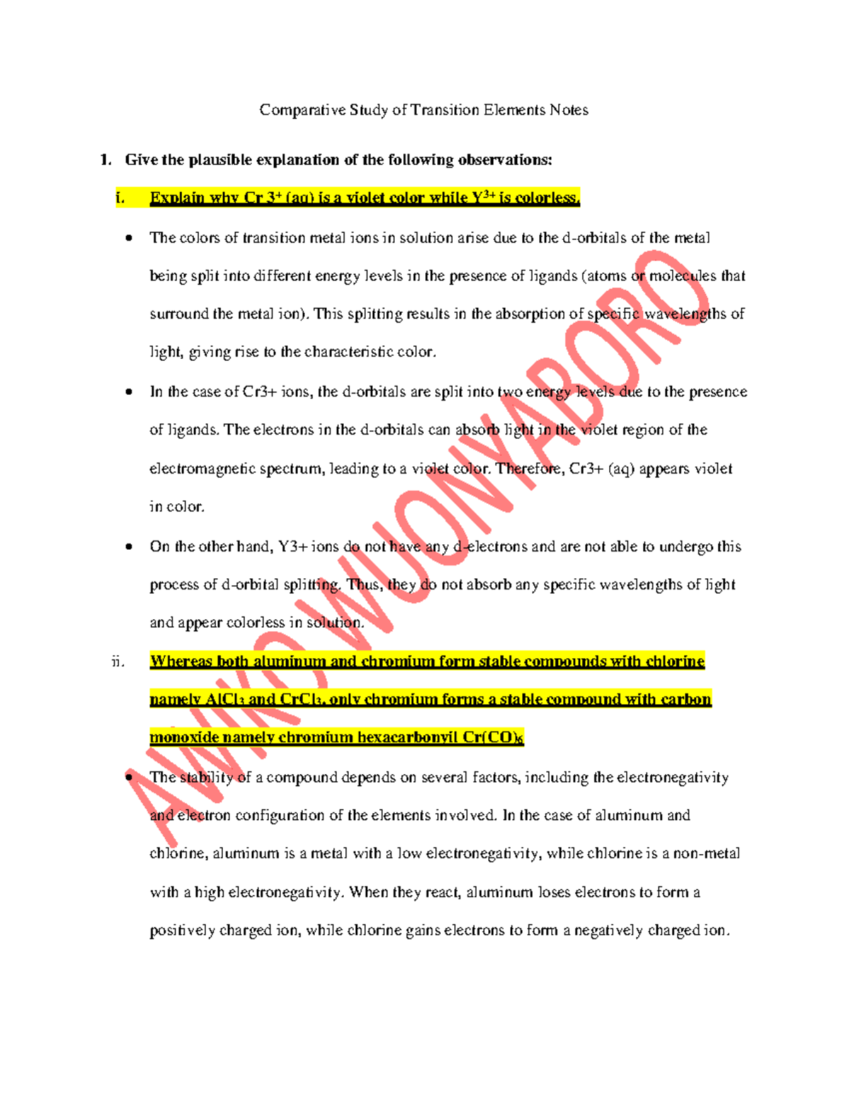 Comparative Study of Transition Elements: In-Depth Notes for CHEM 101 ...