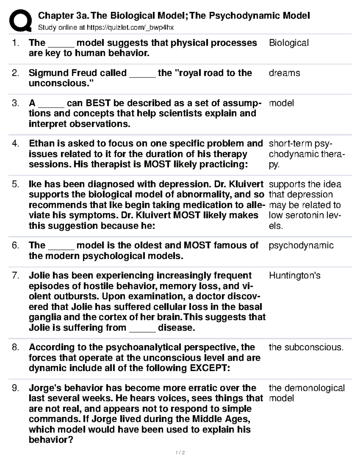 Chapter 3a. The Biological Model The Psychodynamic Model - Chapter 3a ...