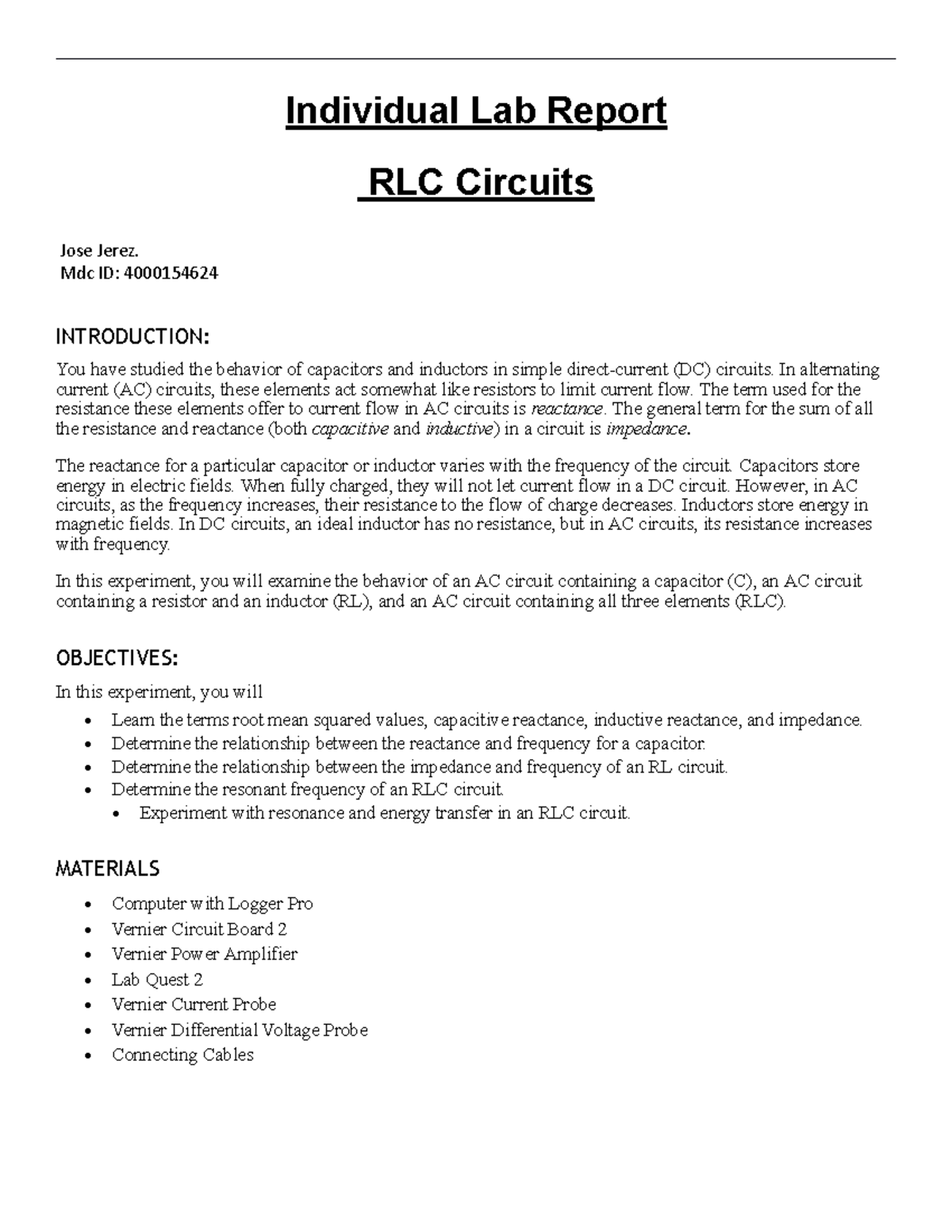 RLC Circuits Individual Lab Report: Analyzing AC Behavior and Resonance ...