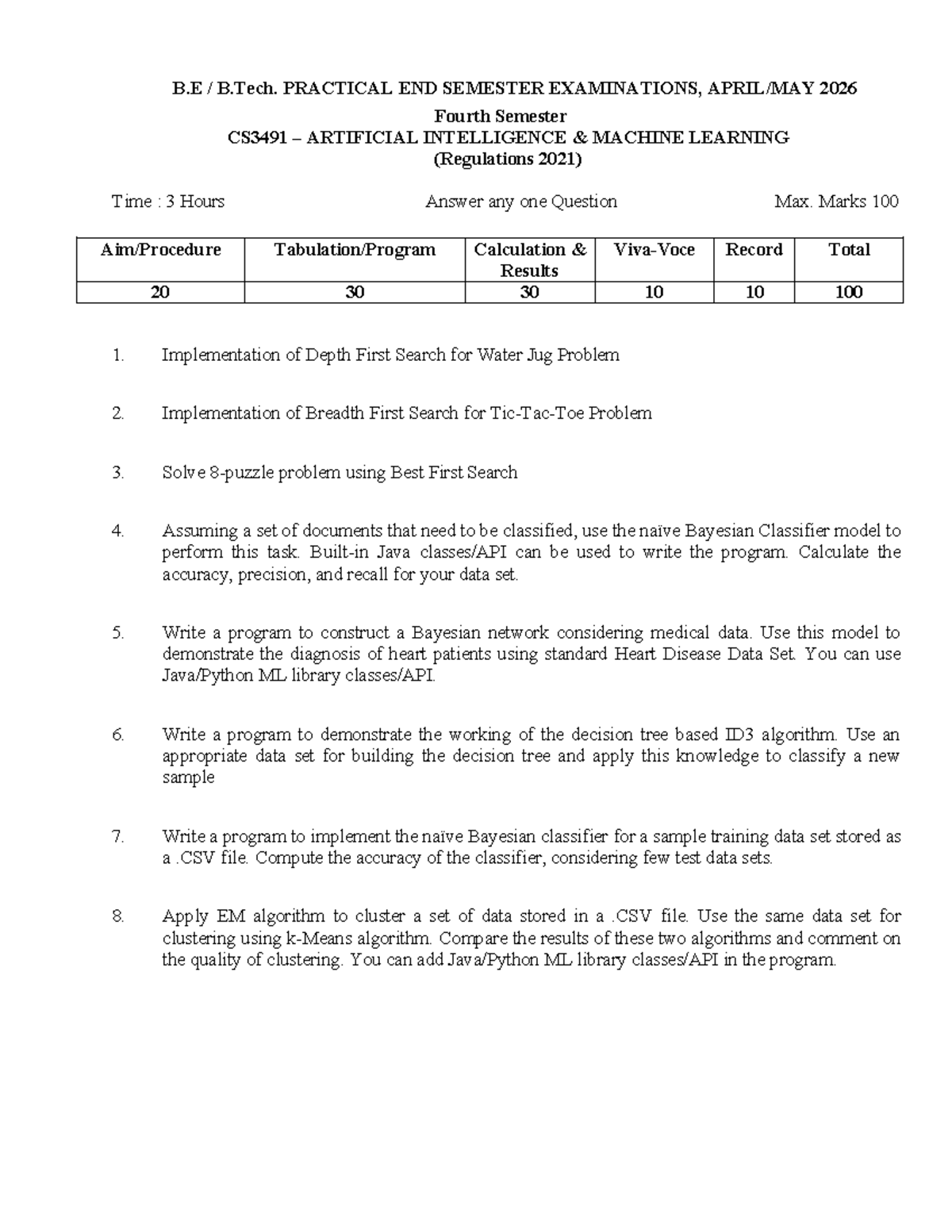 CS3491 AIML Practical Exam Set 2: Algorithms & Implementations - Studocu