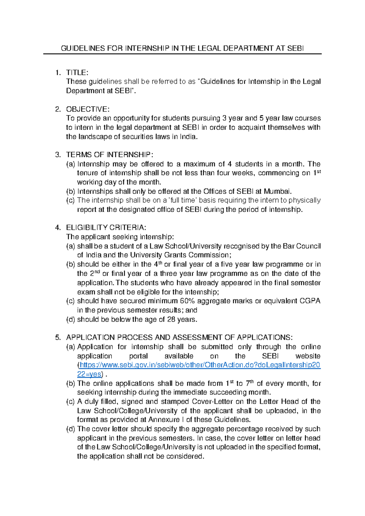 Internship Guidelines for Legal Dept. at SEBI (Law Students) - Studocu