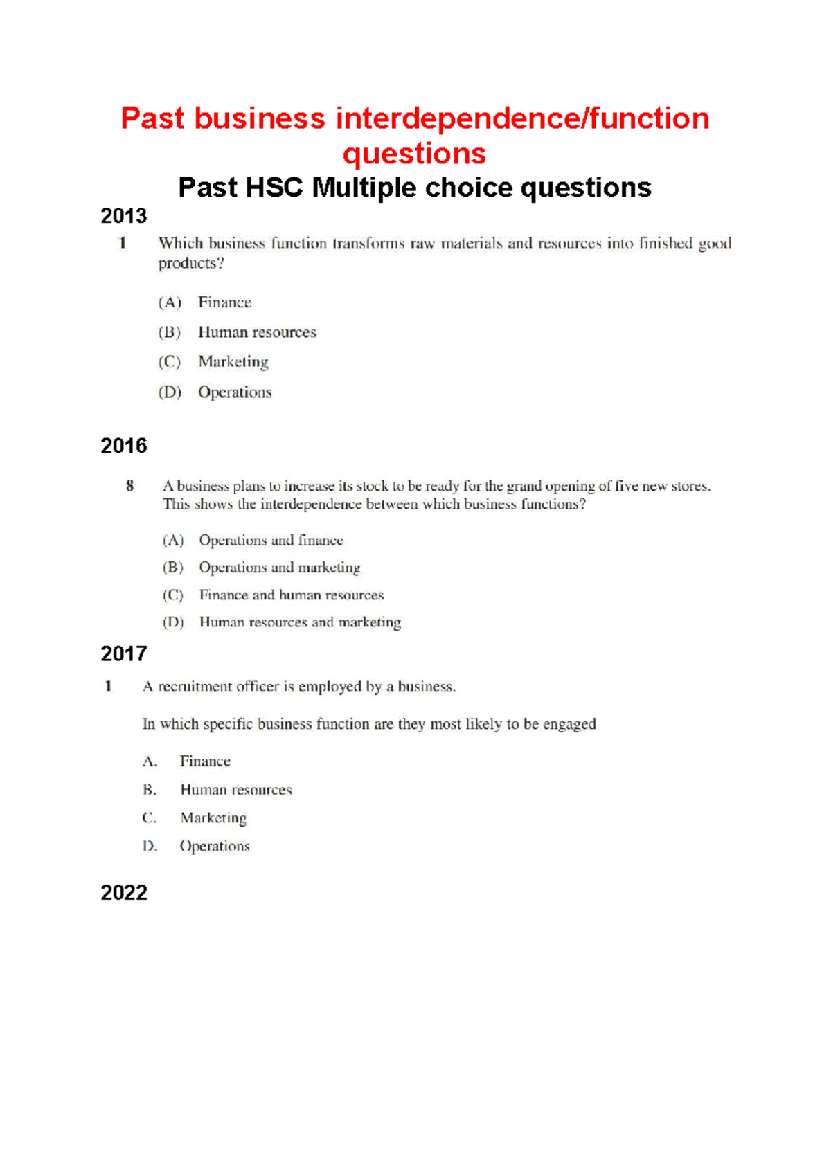 Past HSC Business Studies Interdependence Questions (2013-2023) - Studocu