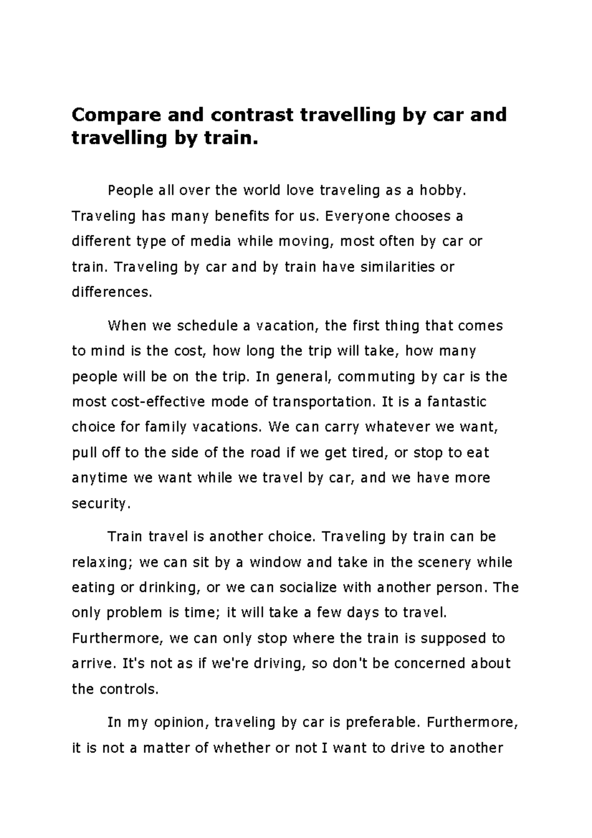 ENGL 101 Compare & Contrast Essay: Car vs. Train Travel - Studocu