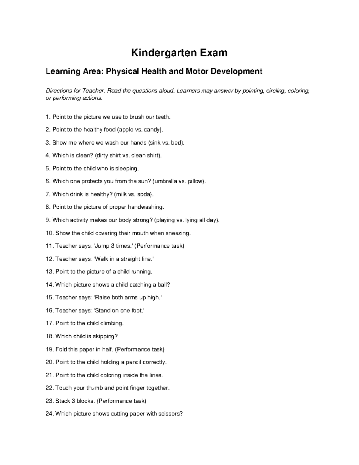 Kindergarten PHMD Exam: Physical Health & Motor Skills Assessment - Studocu