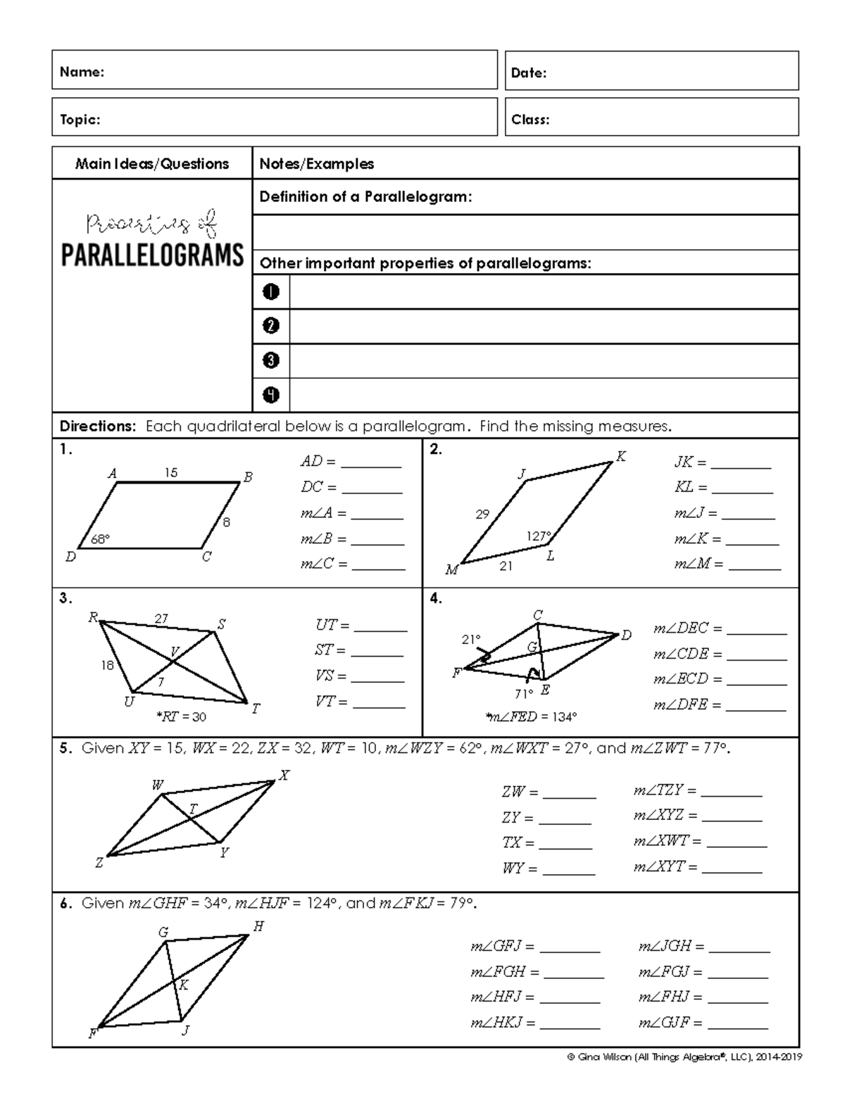 Copy of Properties of parallelograms - Main Ideas/Questions Notes ...
