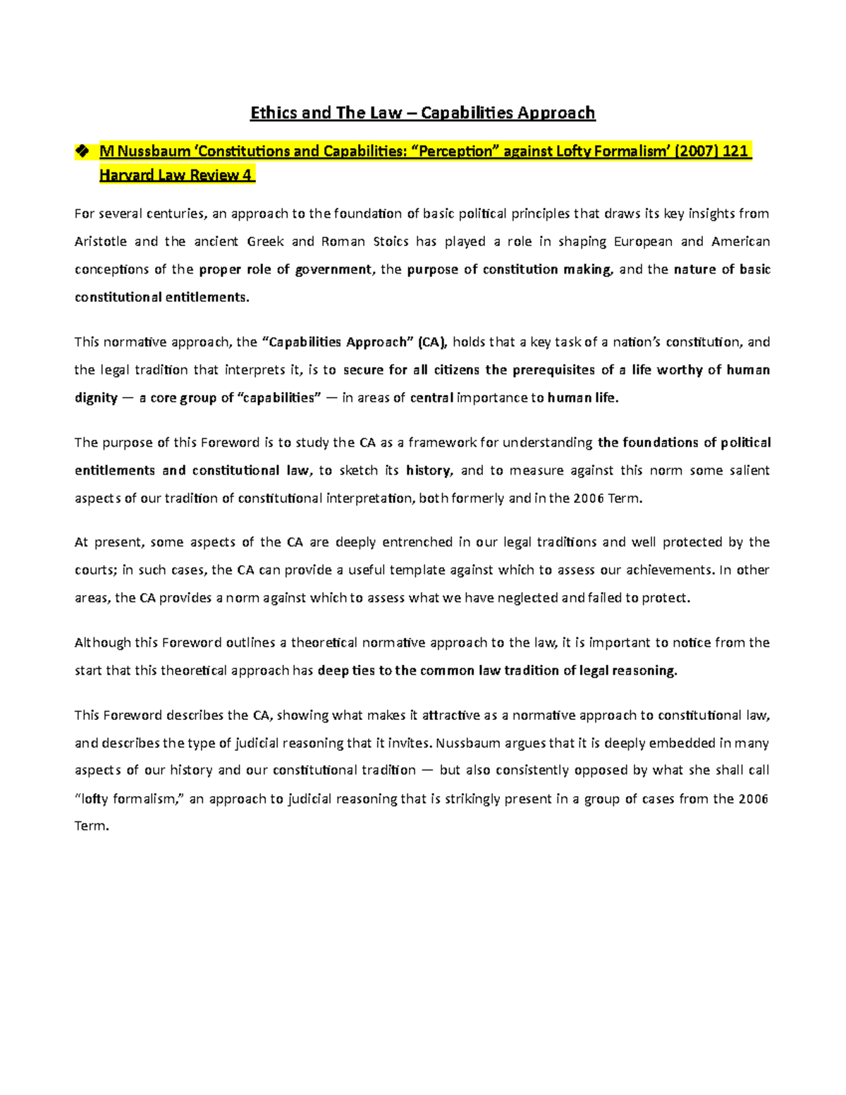 Ethics Week 9 - Analysis of Nussbaum's Capabilities Approach in Law ...