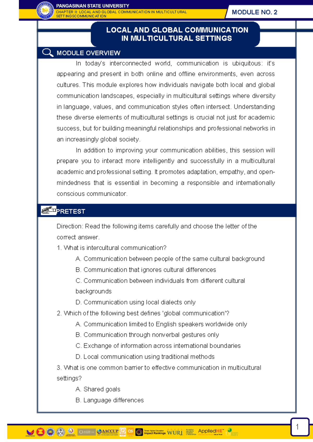 Module 2: Local and Global Communication in Multicultural Settings - Studocu
