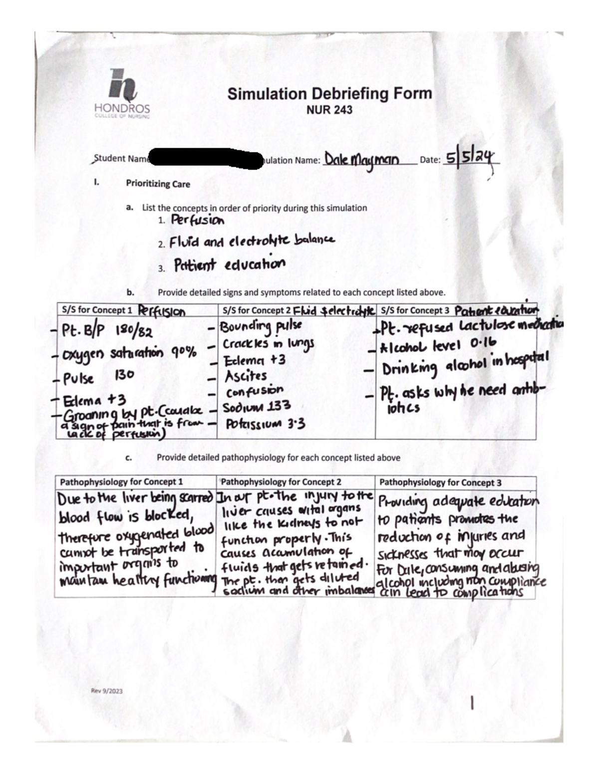 Simulation Debriefing Form - HONDROS NUR 243 Care Concepts and Nursing ...