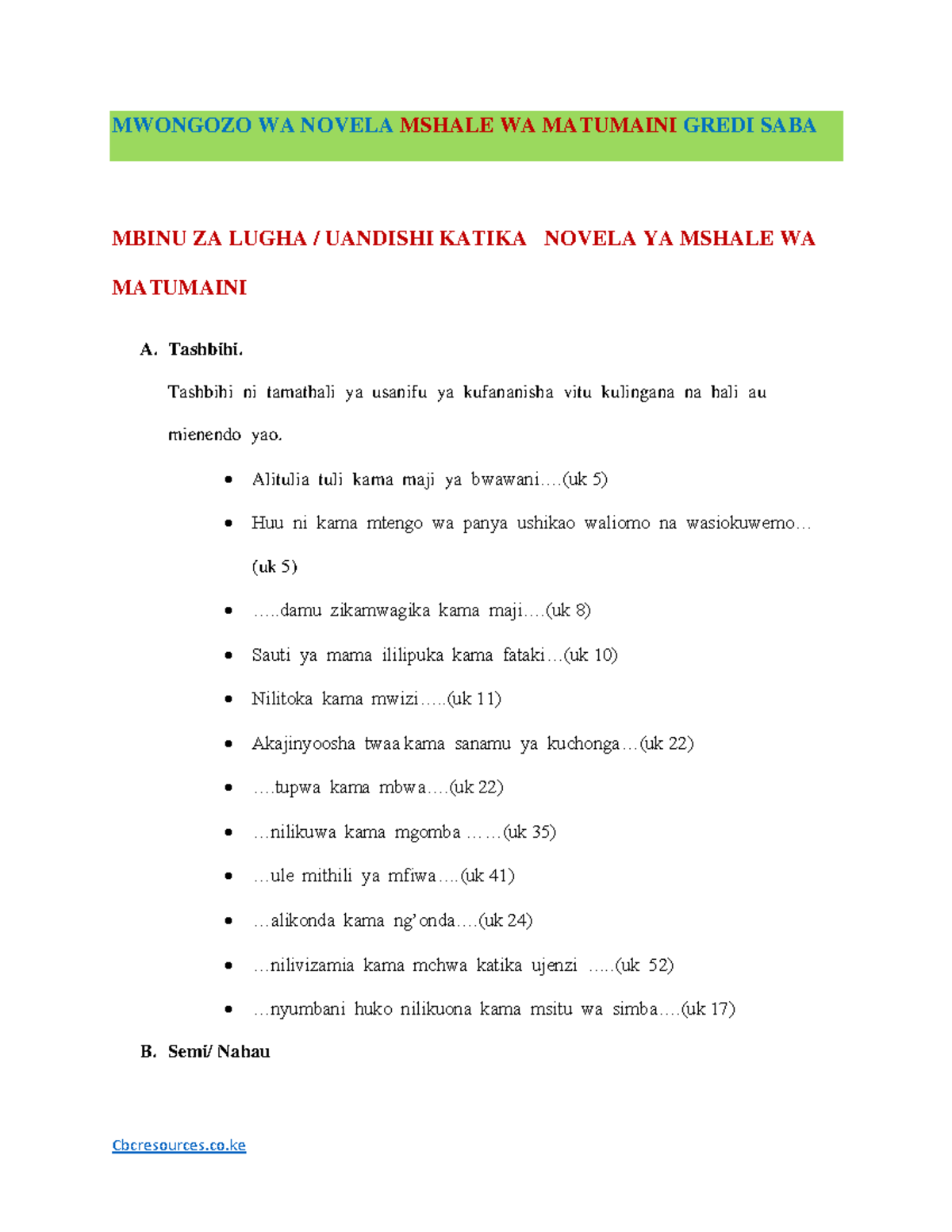 Mbinu za Lugha katika Novela Mshale wa Matumaini - Gredi Saba - Studocu