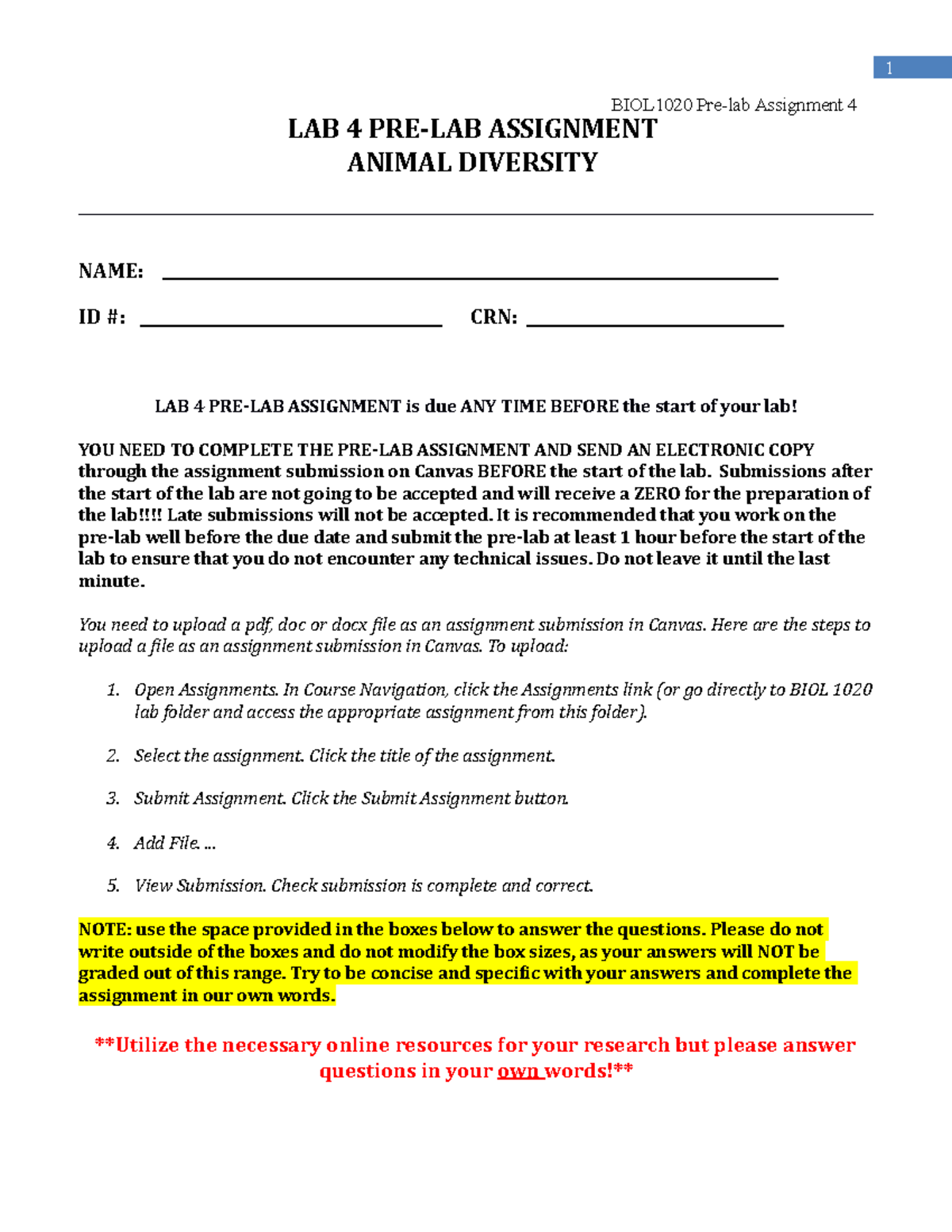 Lab 4 Pre-lab assignment-1 - LAB 4 PRE-LAB ASSIGNMENT ANIMAL DIVERSITY ...