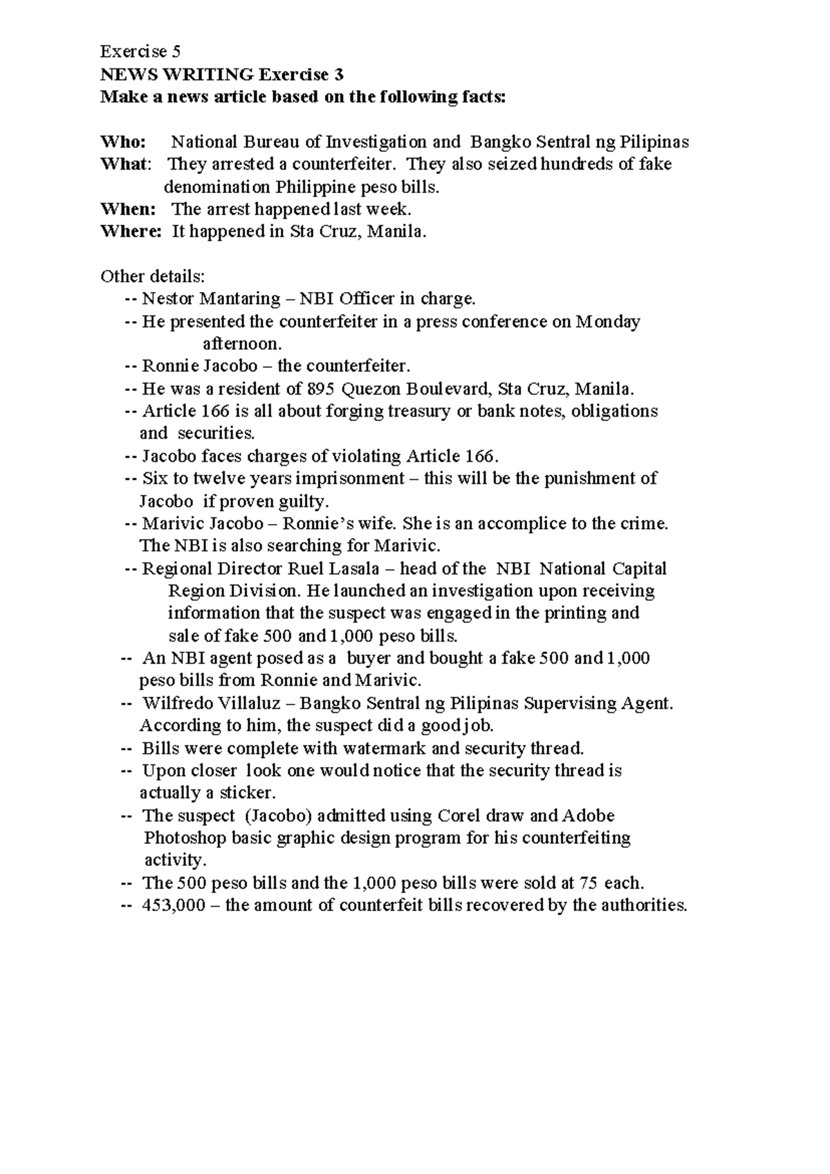 Exercise 3 - News Article on NBI & BSP Counterfeiter Arrest (ENG) - Studocu