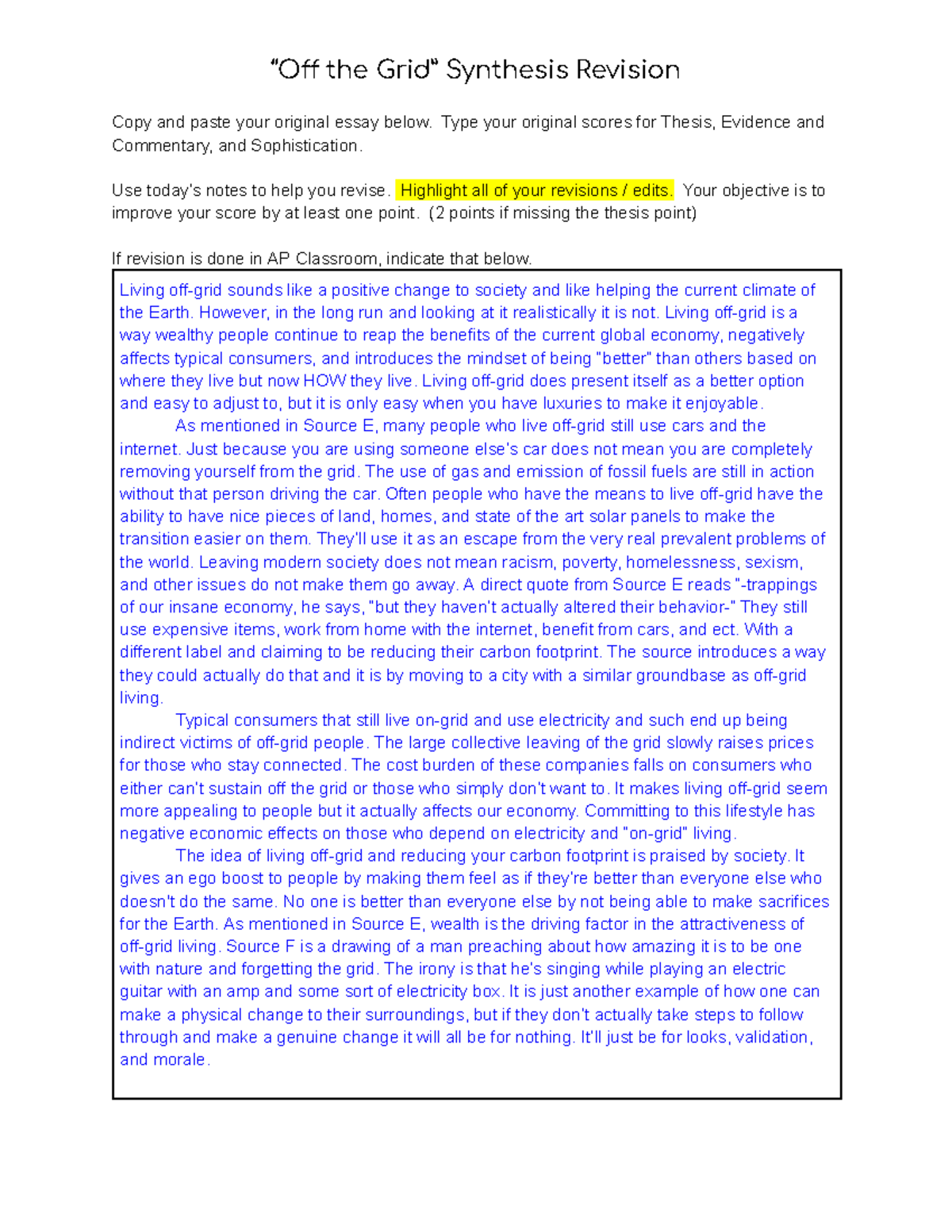 Revised Synthesis Essay on Off-Grid Living: Analysis & Insights - Studocu
