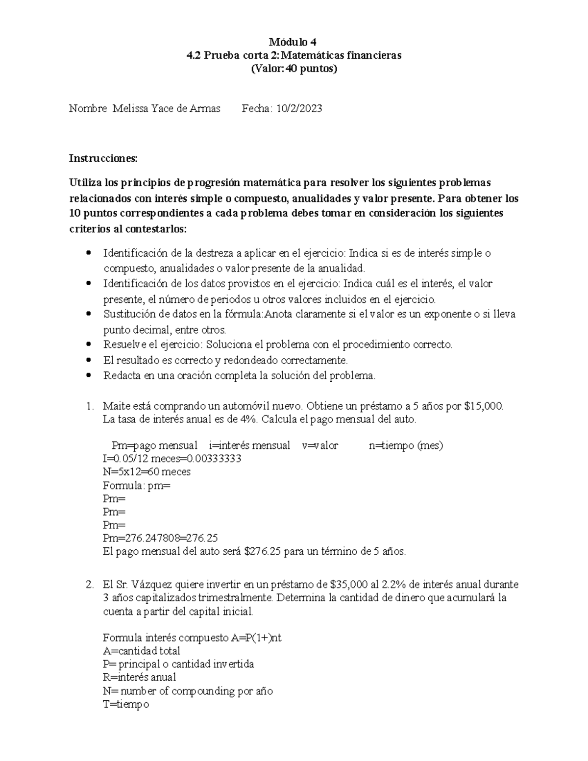 Prueba Corta 4.2: Matemáticas Financieras - Ejercicios Resueltos - Studocu