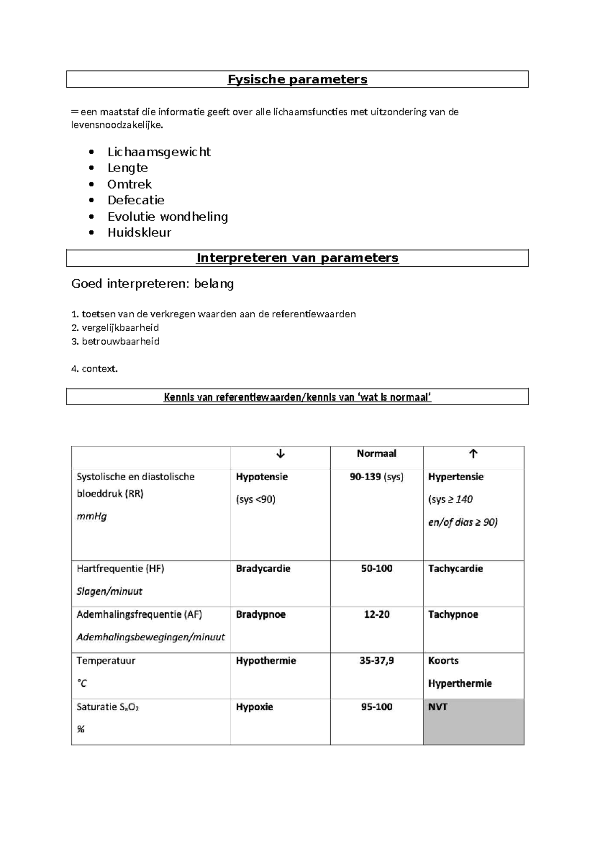 Fysische en Vitale Parameters: Interpretatie en Betrouwbaarheid - Studocu