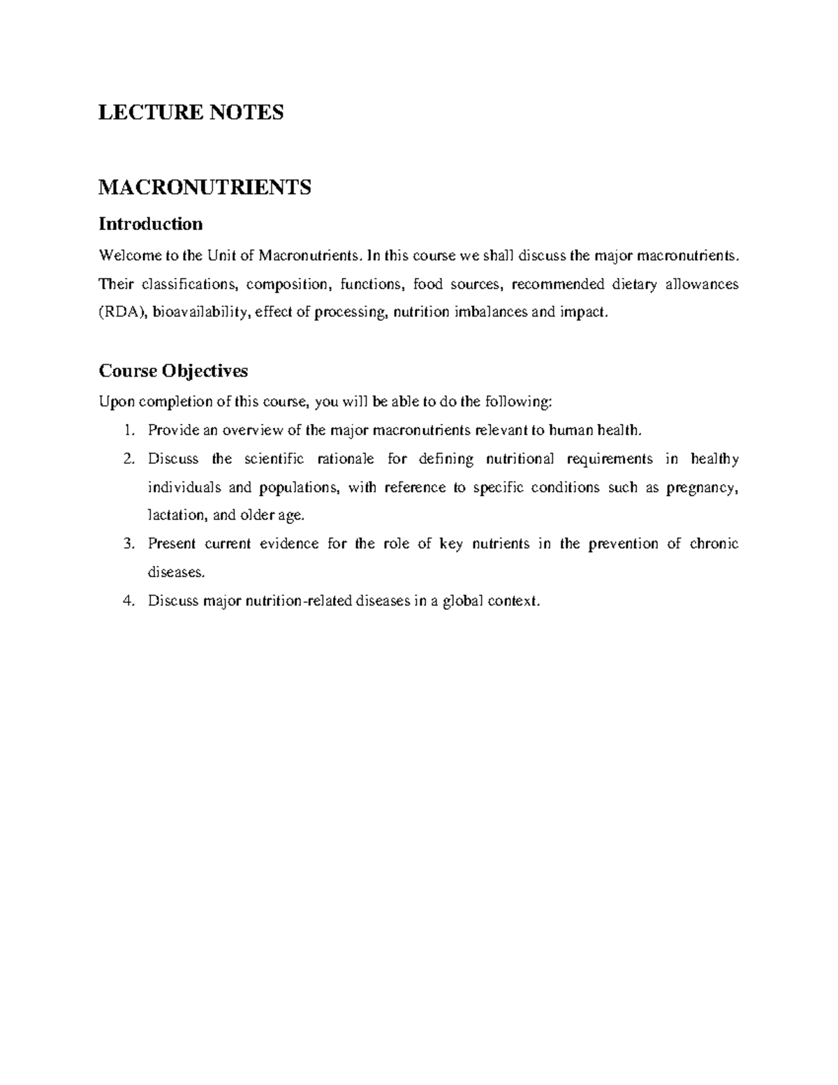 Macronutrients Overview: Lecture Notes for Nutrition Module - Studocu