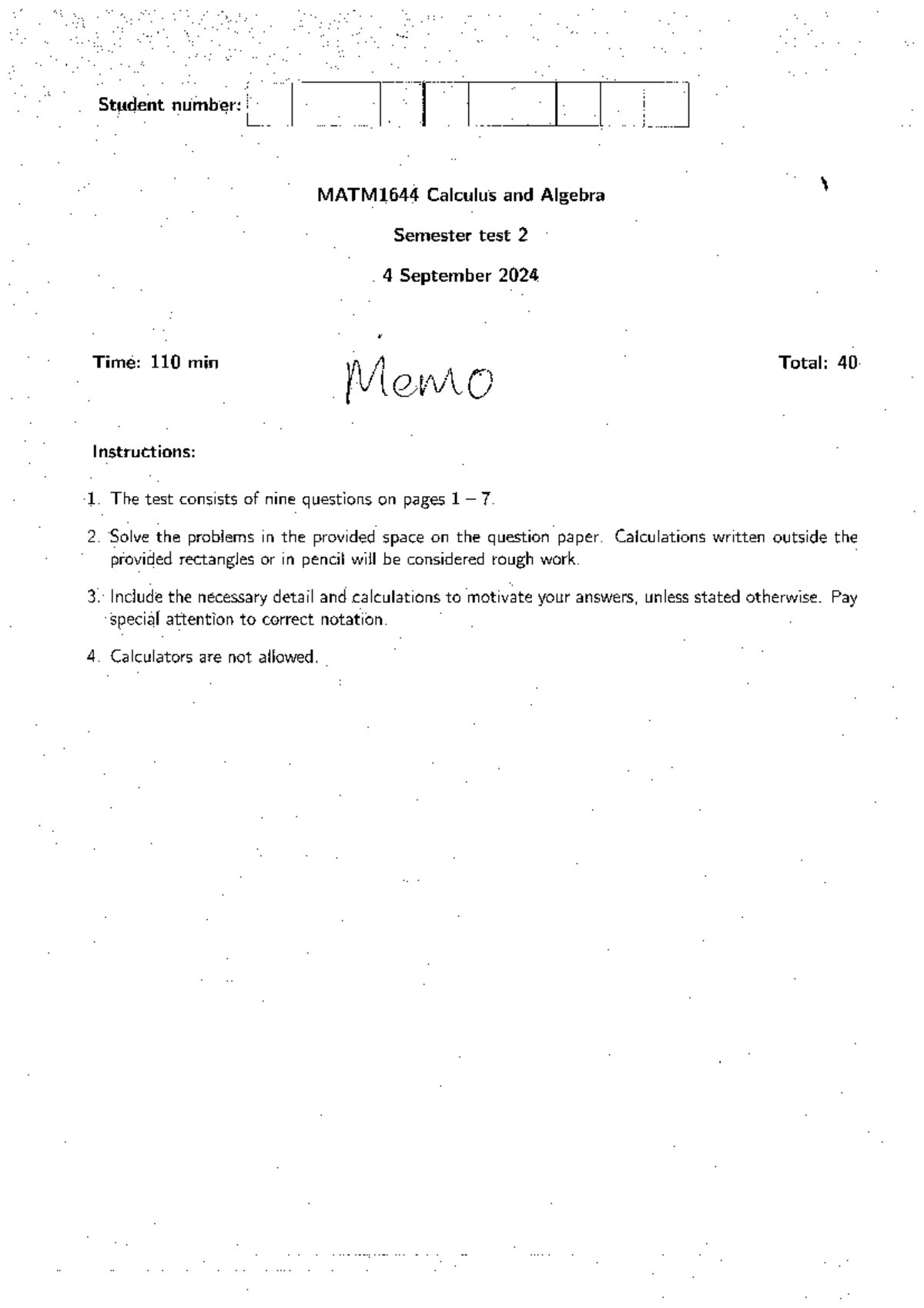 ST 2 Memo - MATM1644 Calculus & Algebra Semester Test 2 - Studocu