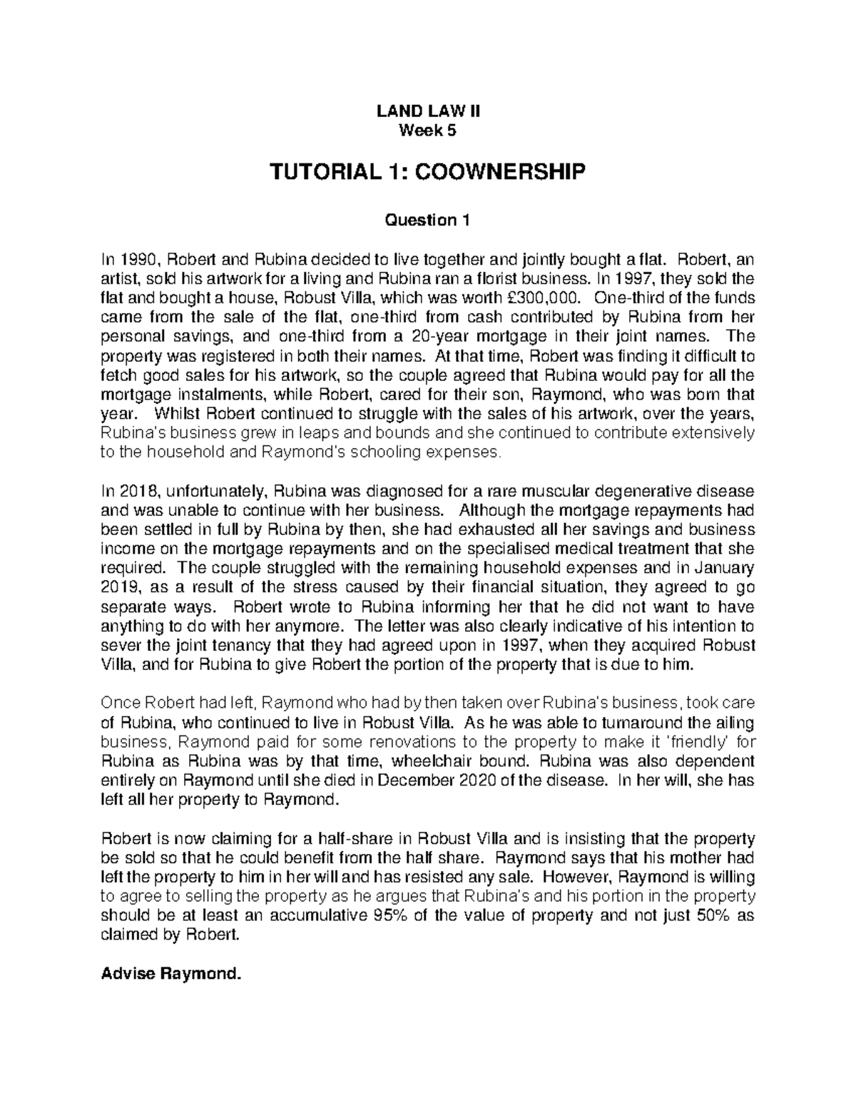 Tutorial 1 - Co-ownership - LAND LAW II Week 5 TUTORIAL 1: COOWNERSHIP ...
