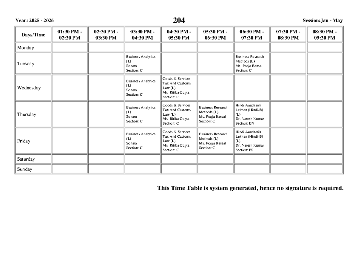 Room-Wise Time Table for Business Analytics & Research Methods (204 ...