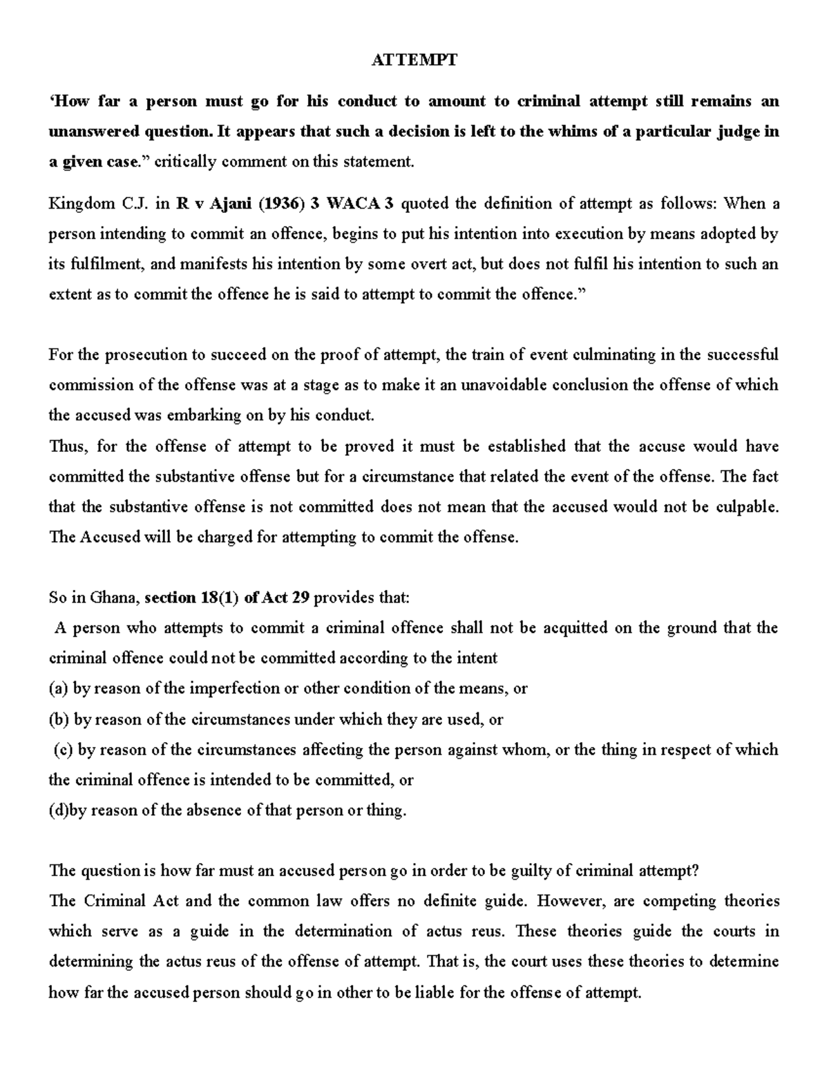 Criminal Law Essay: Understanding the Concept of Attempt - Studocu