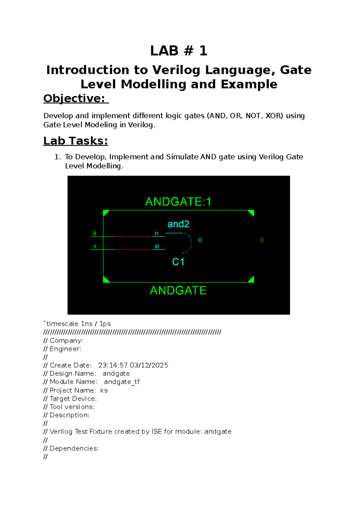 LAB 1: Verilog Gate Level Modeling - AND, OR, NOT, XOR Gates - Studocu