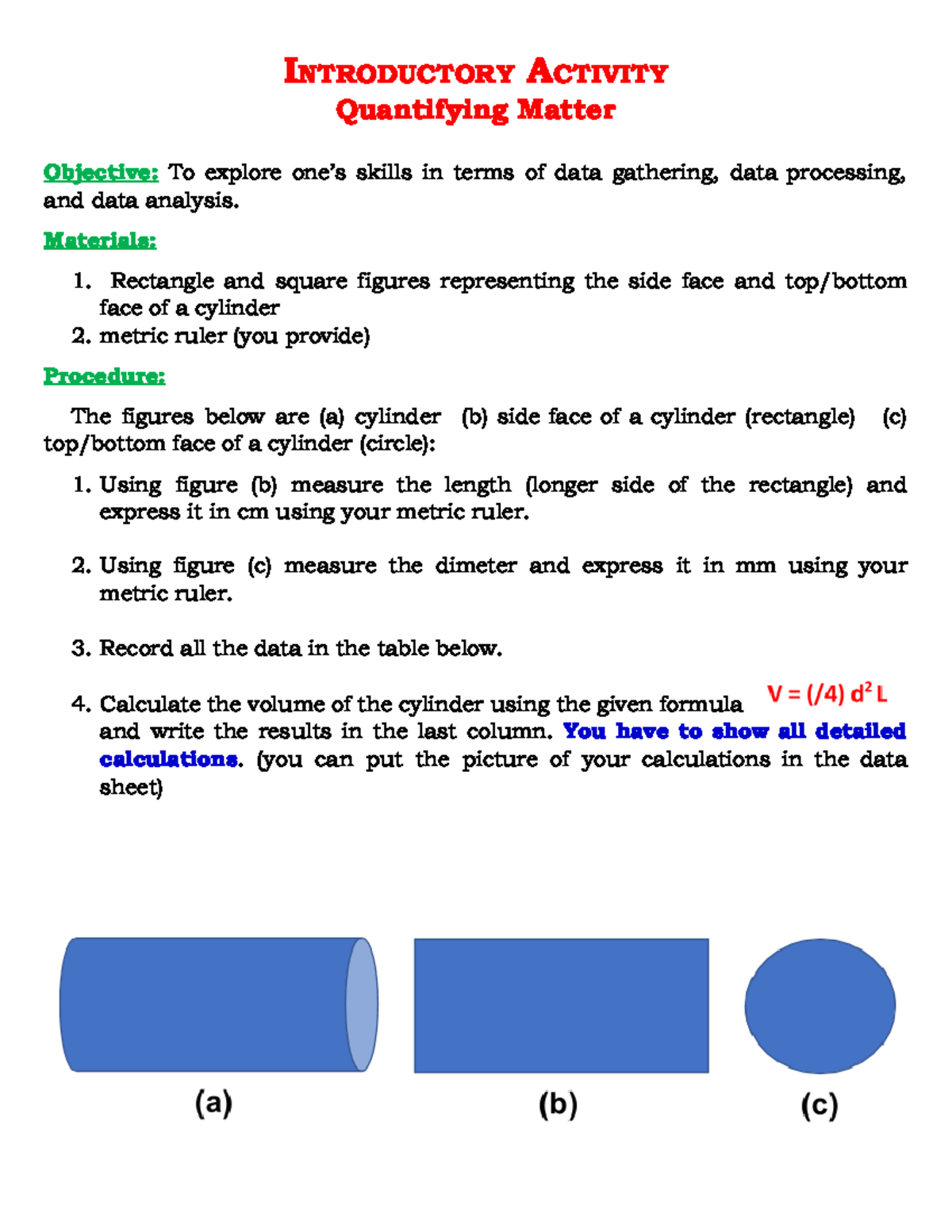 A 1 Intro Activity Measurements - I NTRODUCTORY A CTIVITY Quantifying ...