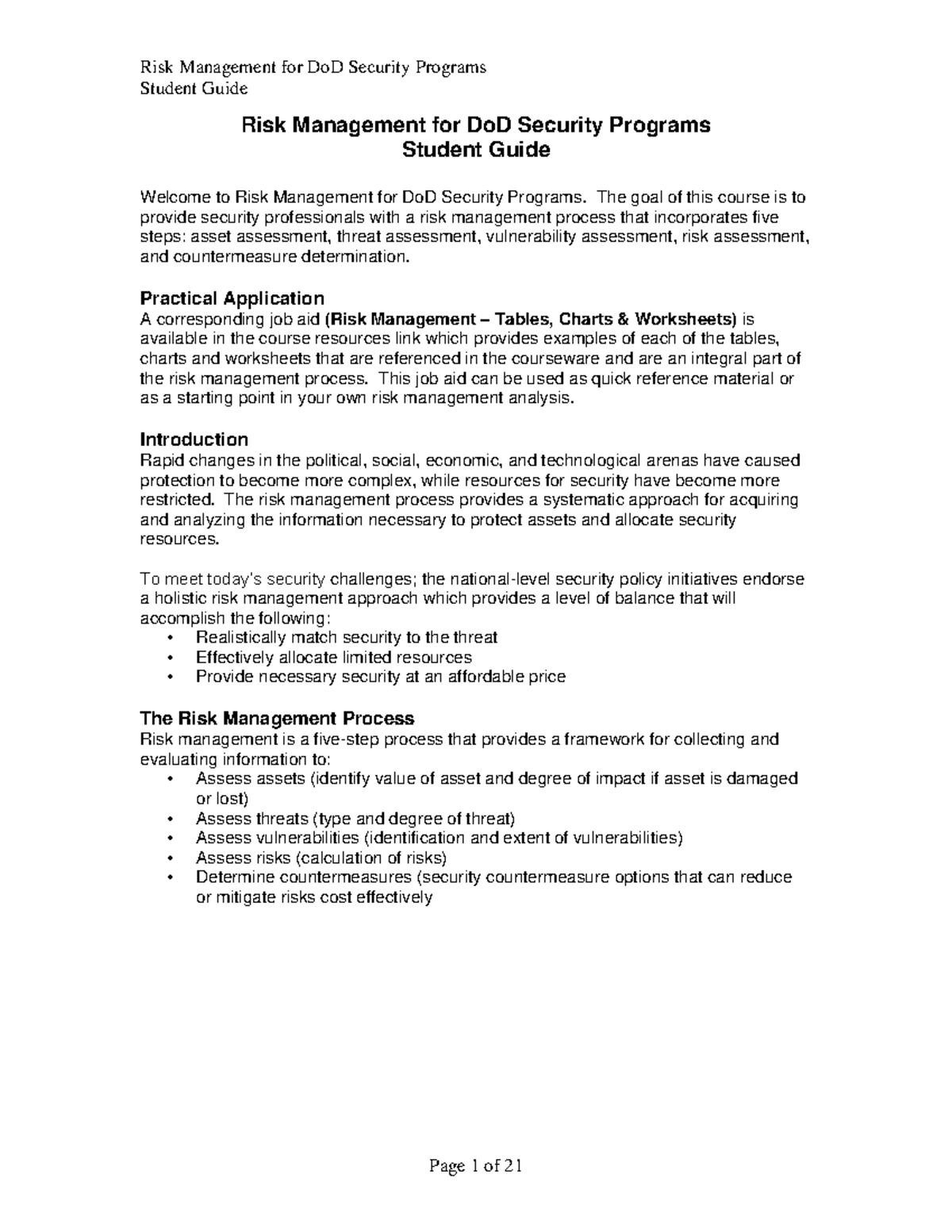 Risk Management for DoD Security Programs: Student Guide Insights - Studocu