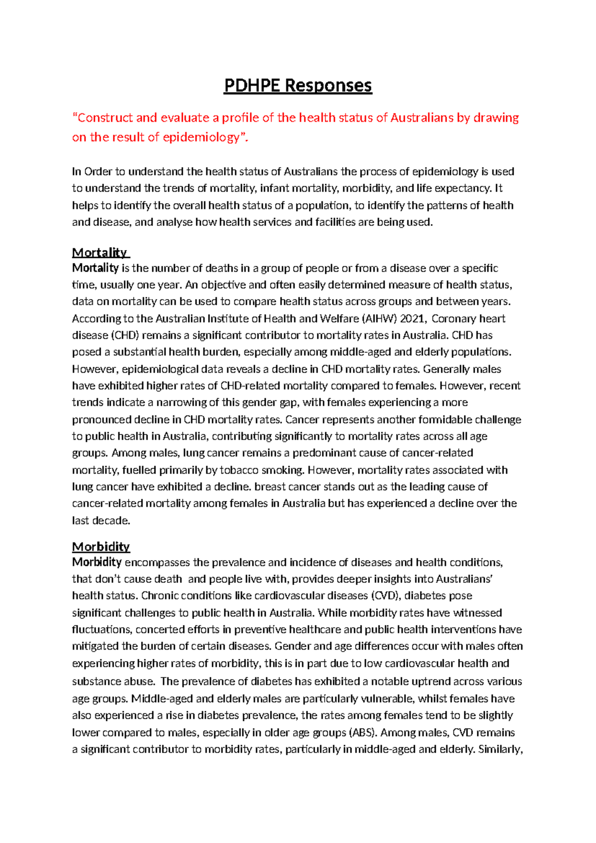 Pdhpe Responses Core 1 - notes - PDHPE Responses “Construct and ...