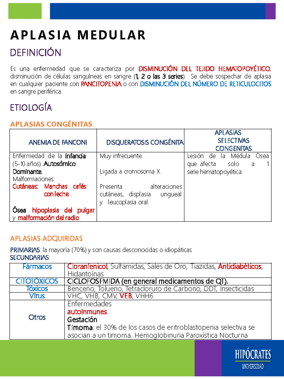 Aplasia Medular: Apuntes sobre la Enfermedad y sus Implicaciones - Studocu