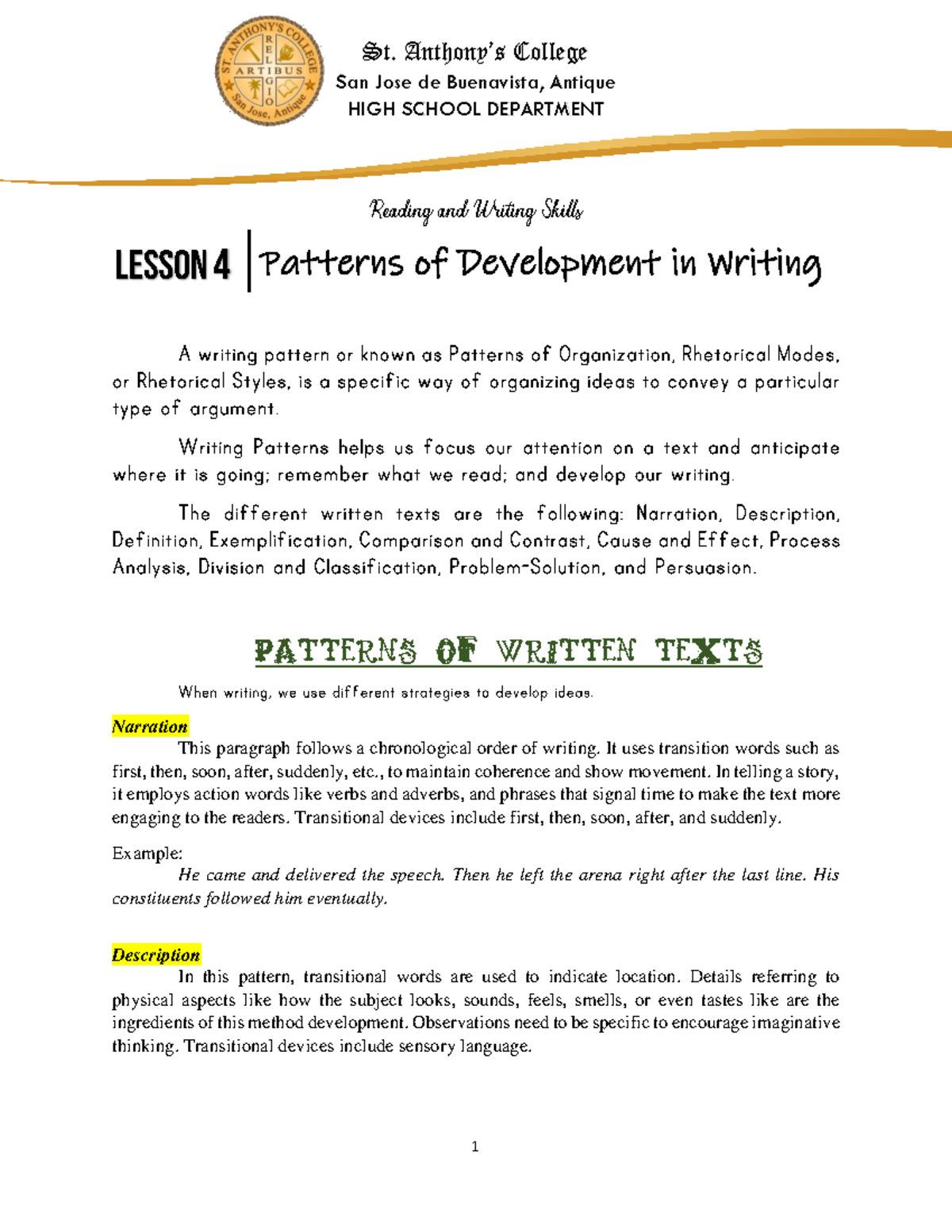 Patterns OF Development IN Writing -Reading and Writing Skills Learning ...
