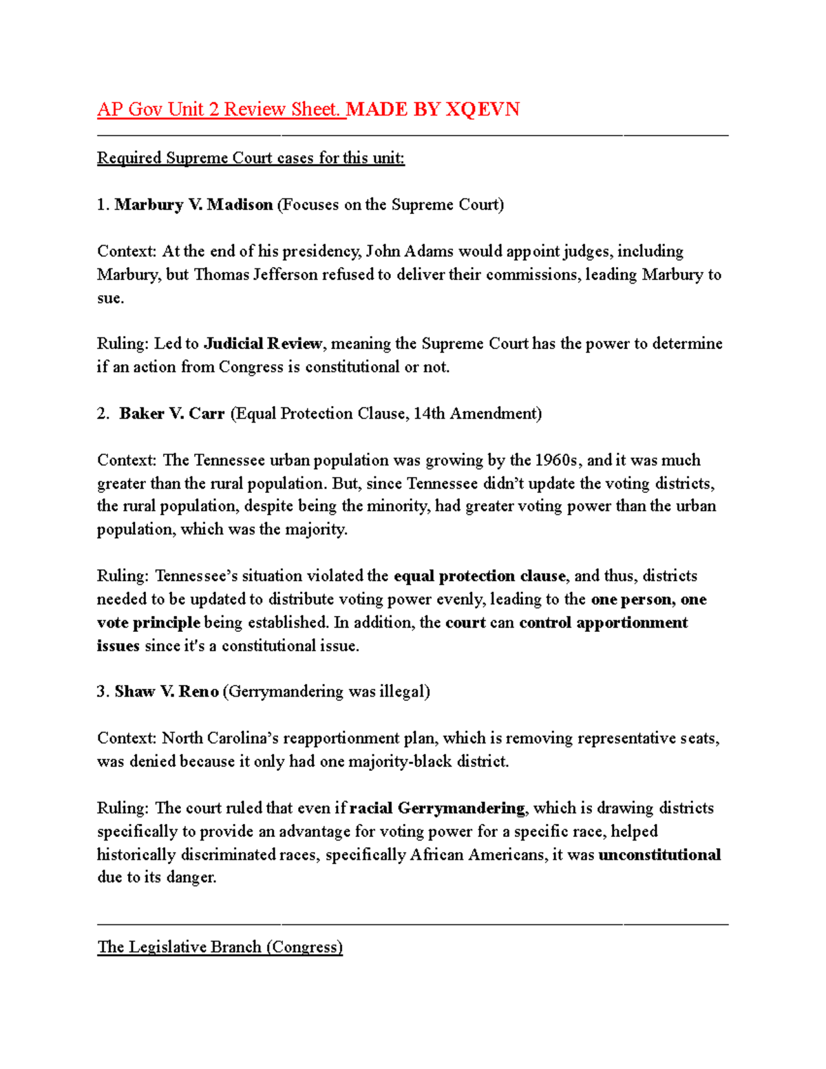 AP Gov Unit 2: Key Supreme Court Cases & Legislative Processes - Studocu