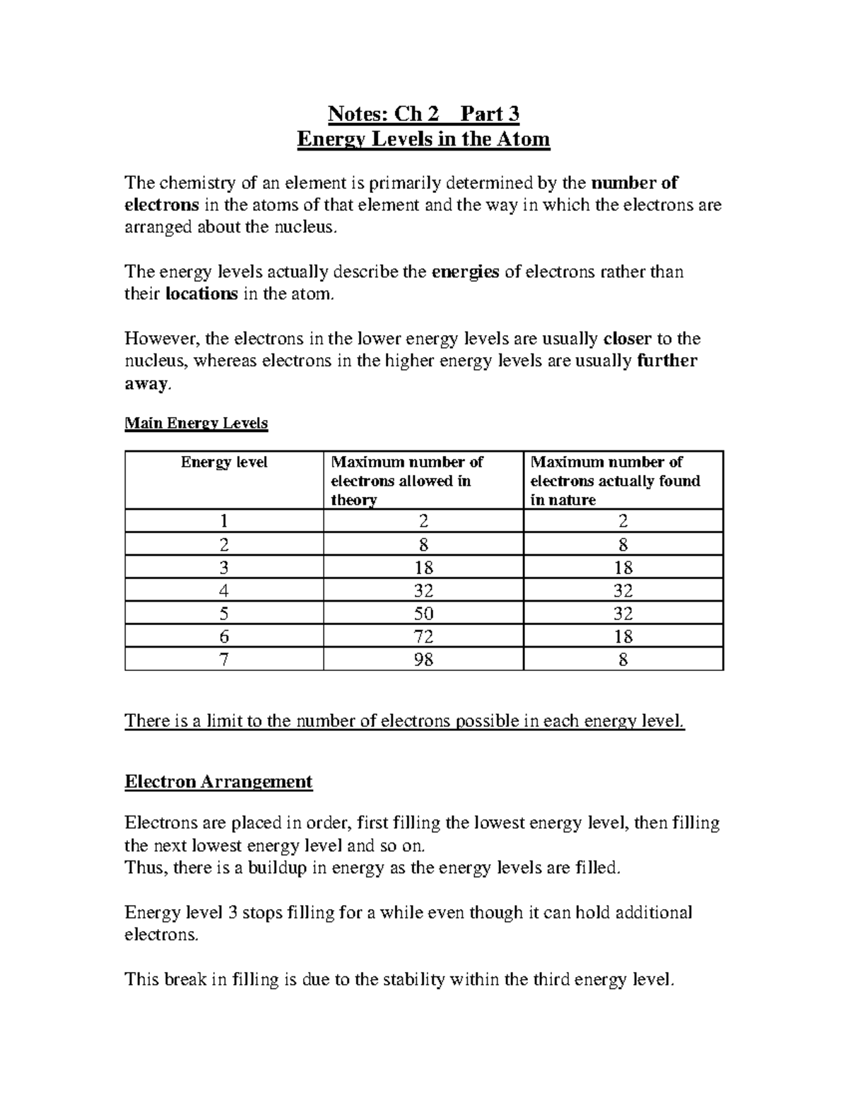 Notes Ch. 2 Part 3 Energy levels - Notes: Ch 2 Part 3 Energy Levels in ...