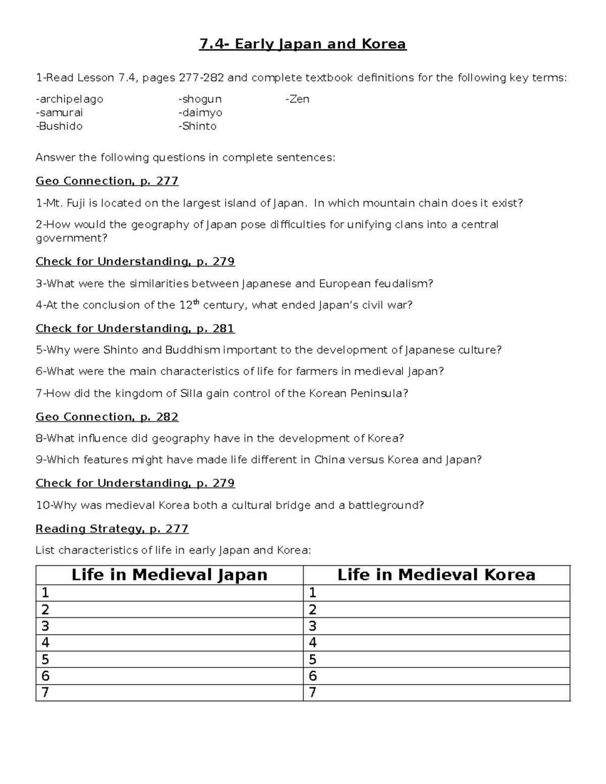 early japan q&a - 7- Early Japan and Korea 1-Read Lesson 7, pages 277 ...