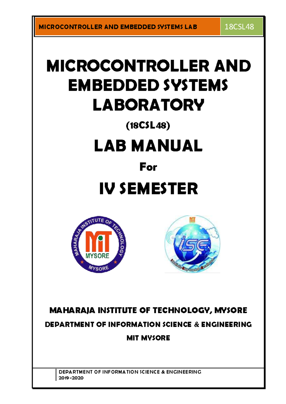 Microcontroller and Embedded Systems Lab Manual (18CSL48) for IV Sem ...