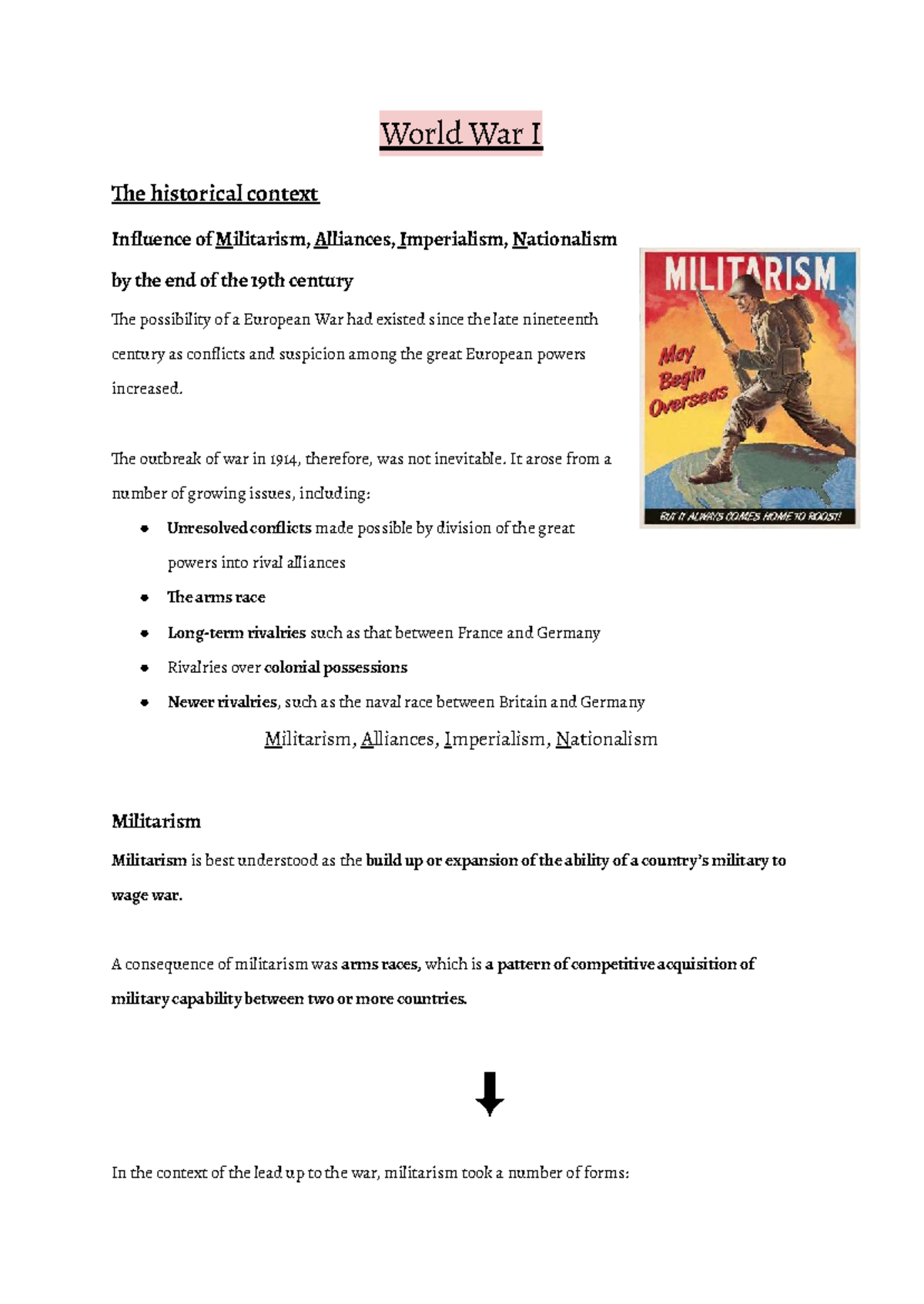 World War I (HIST101) - Comprehensive Study Notes on Causes and Effects ...