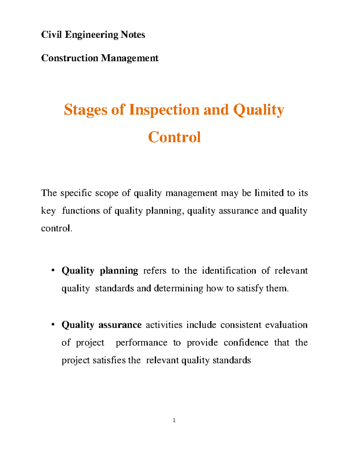 Civil Engineering Quality Control Stages for CM 101 - Studocu