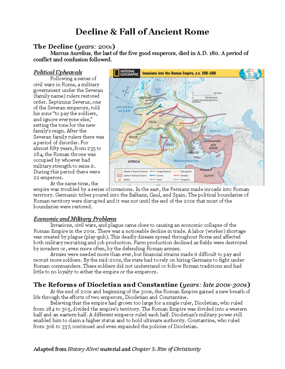 Decline and Fall of Ancient Rome Article - Adapted from History Alive ...