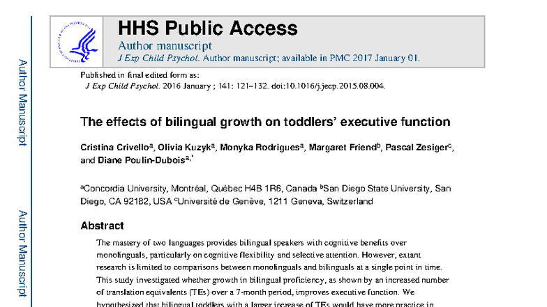 The Effects of Bilingual Growth on Executive Function: J Exp Child ...