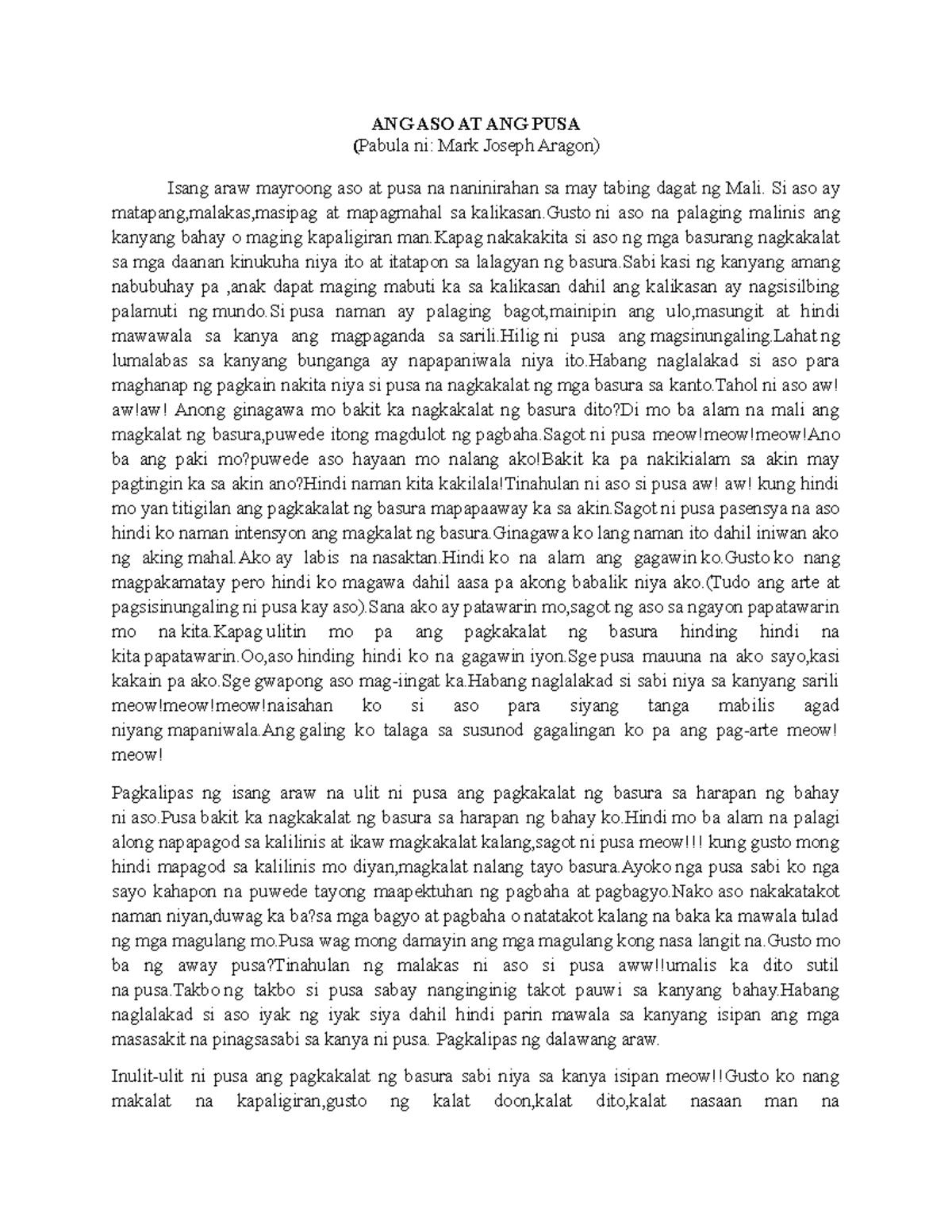 Mga Aral at Mensahe mula sa "ANG ASO AT ANG PUSA" (W2) - Studocu