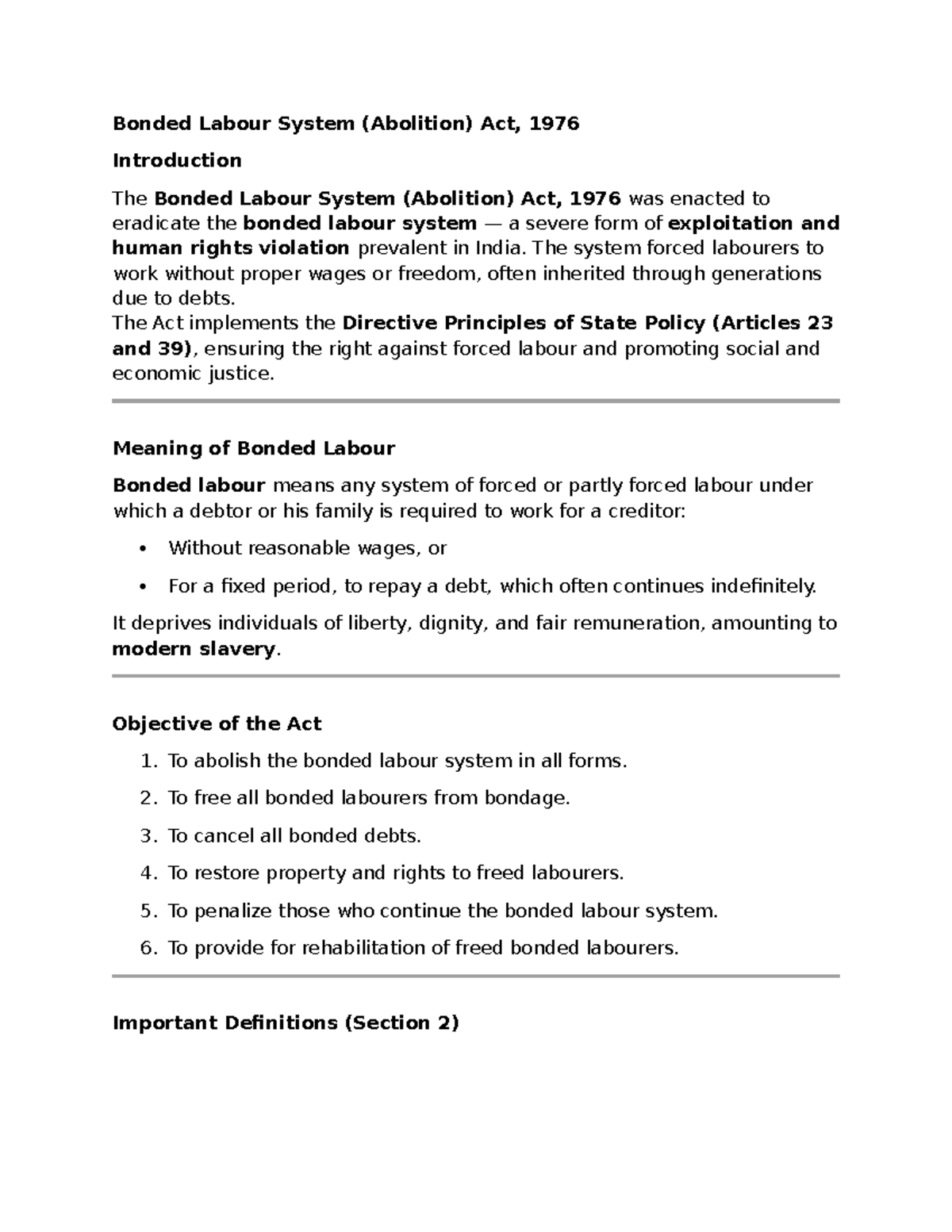 Labour Law 2: Bonded Labour System (Abolition) Act, 1976 Overview - Studocu