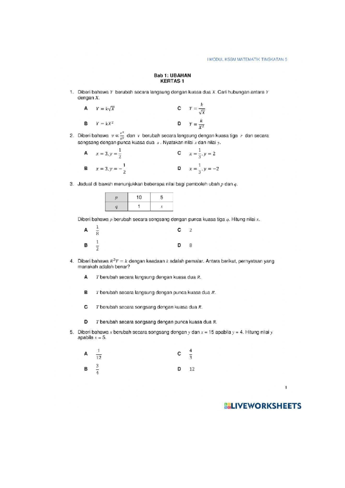 Ulangan Soalan Matematik Bab 1 SPM KSSM: Analisis Persamaan dan Variasi ...