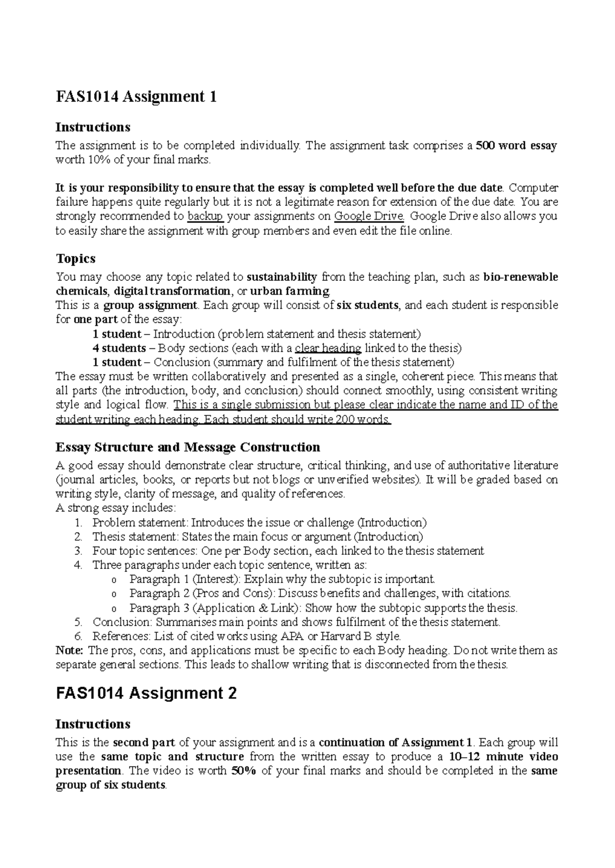 FAS1014 Assignment 1: Guidelines for Collaborative Essay Writing - Studocu