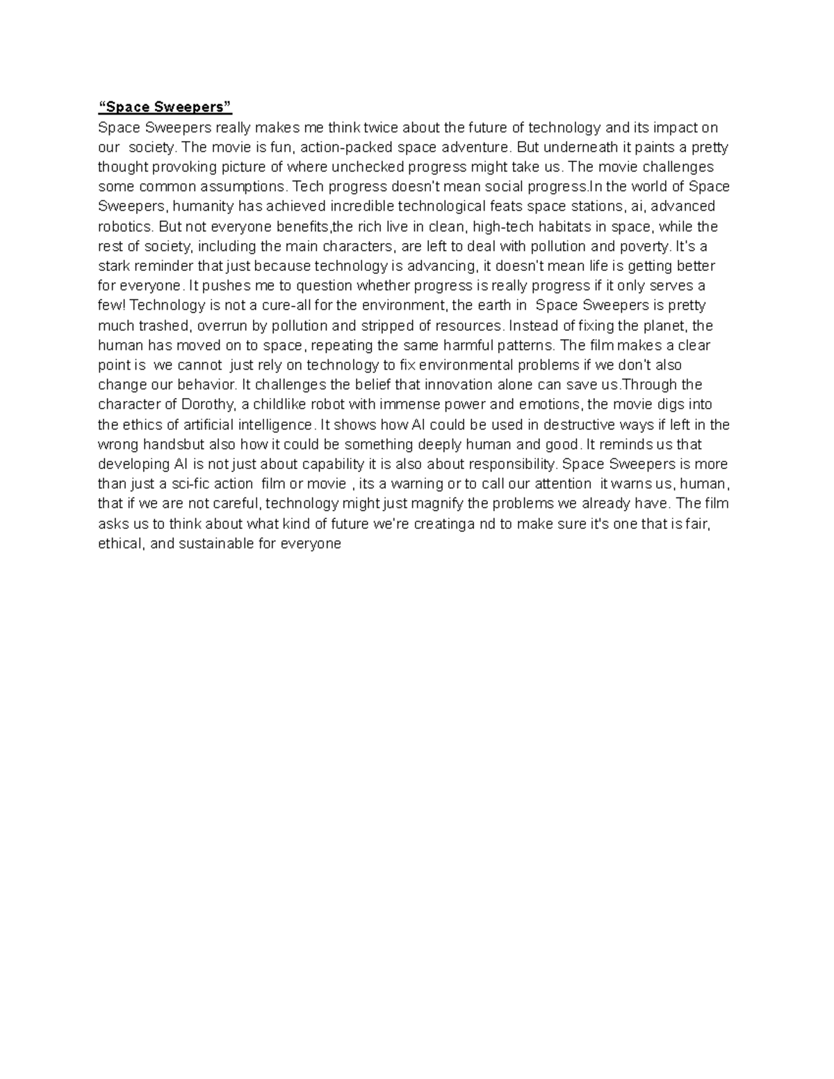 Gonzaga - Essay on Space Sweepers: Tech, Society, and Ethics - Studocu