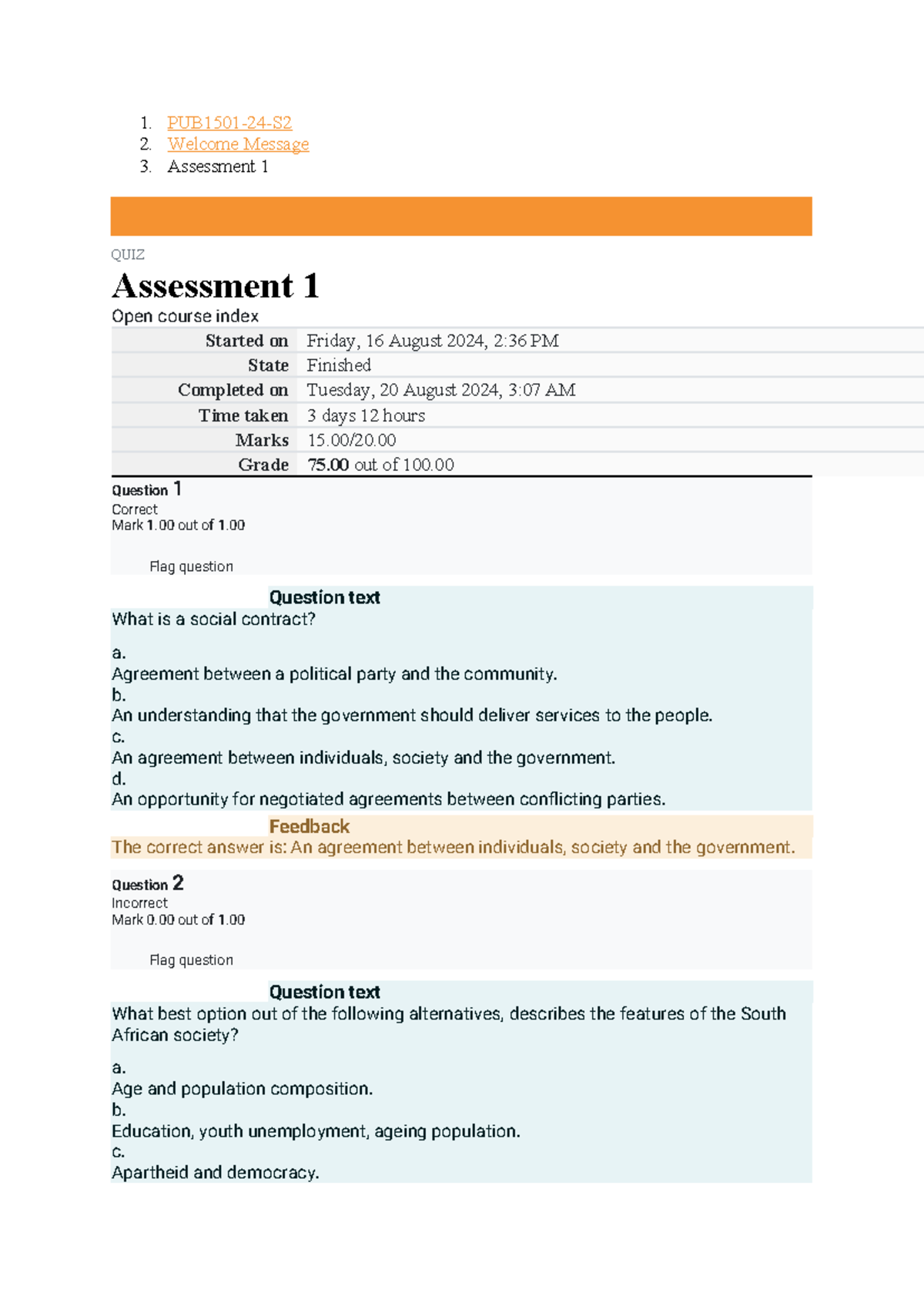 PUB1501-24-S: MC Quiz Results and Feedback for Assignment 1 - Studocu