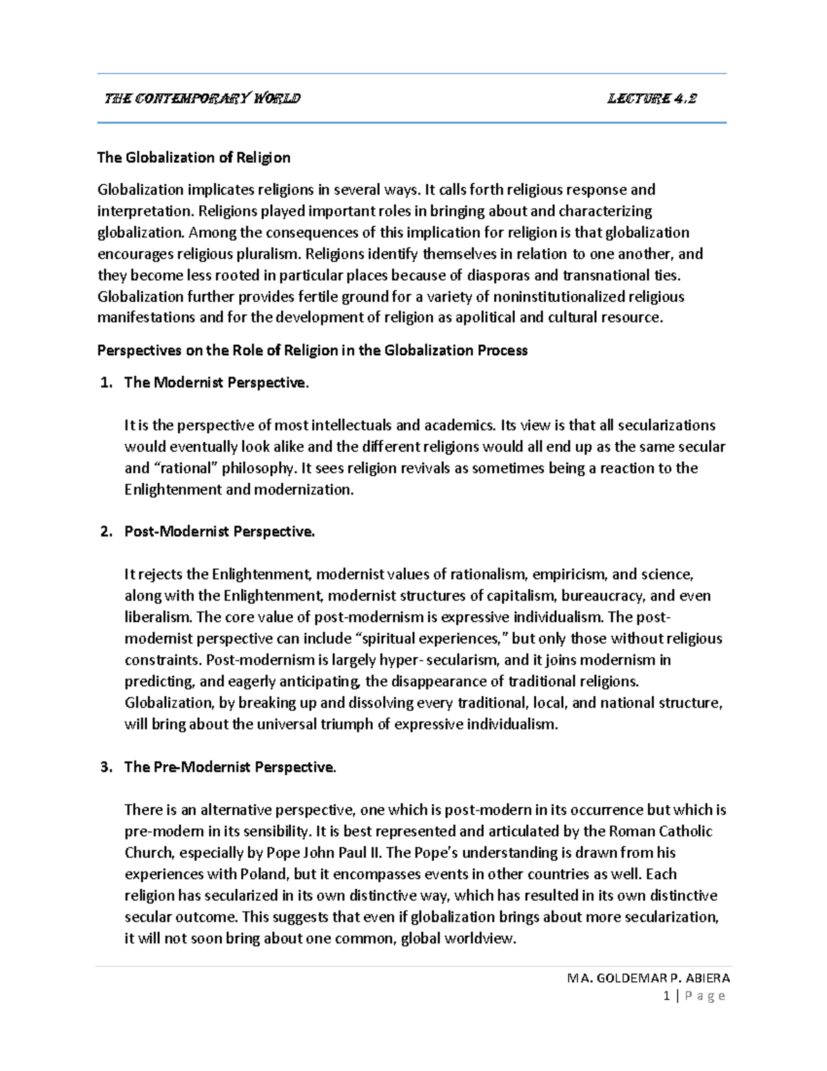 Lecture 4.2: The Impact of Globalization on Modern Religions - Studocu