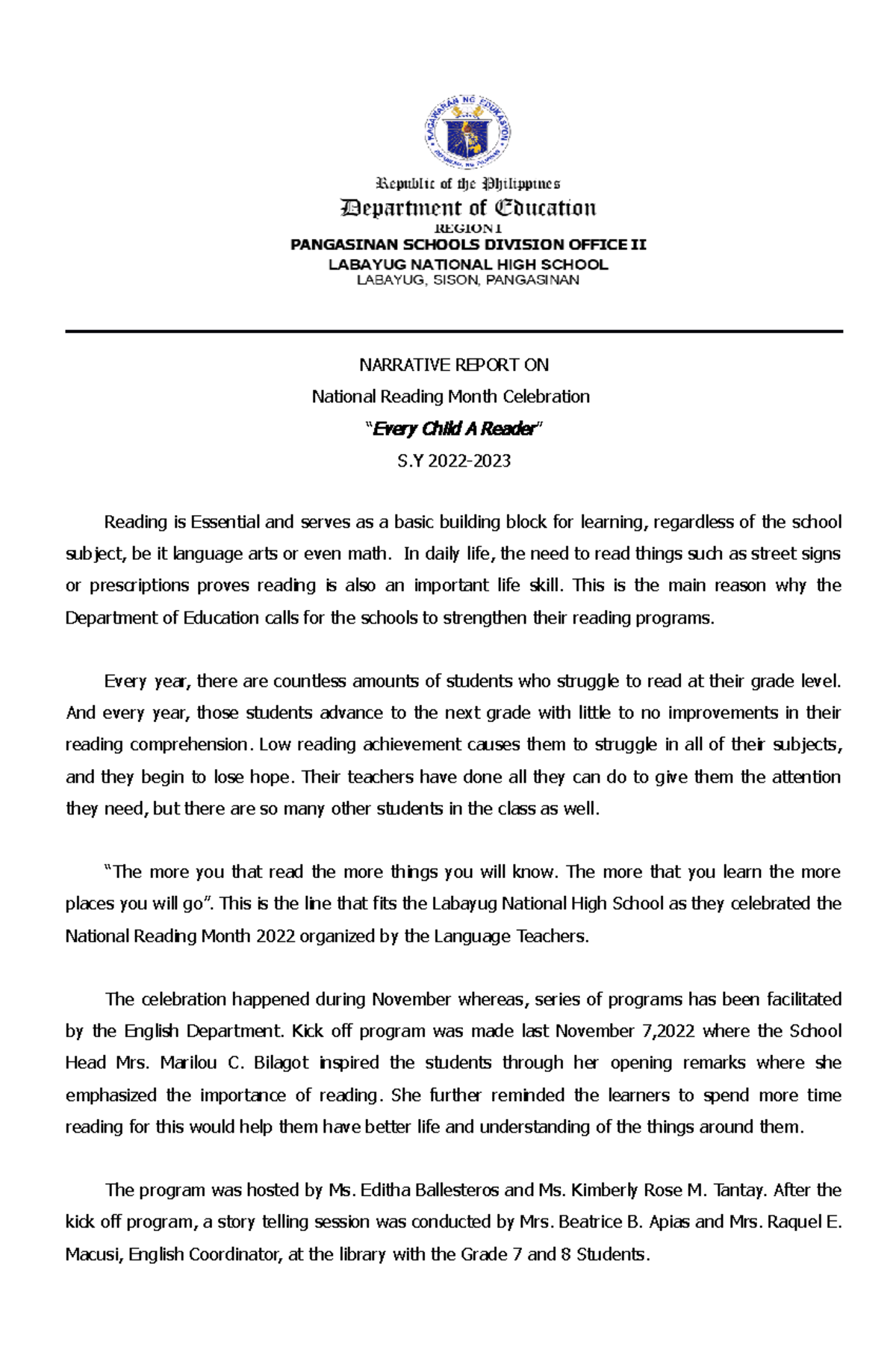 Narrative Report on National Reading Month Celebration S.Y. 2022 - Studocu