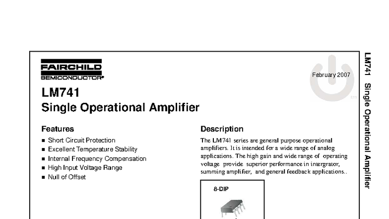 LM741 Operational Amplifier Features & Specifications Overview - Studocu
