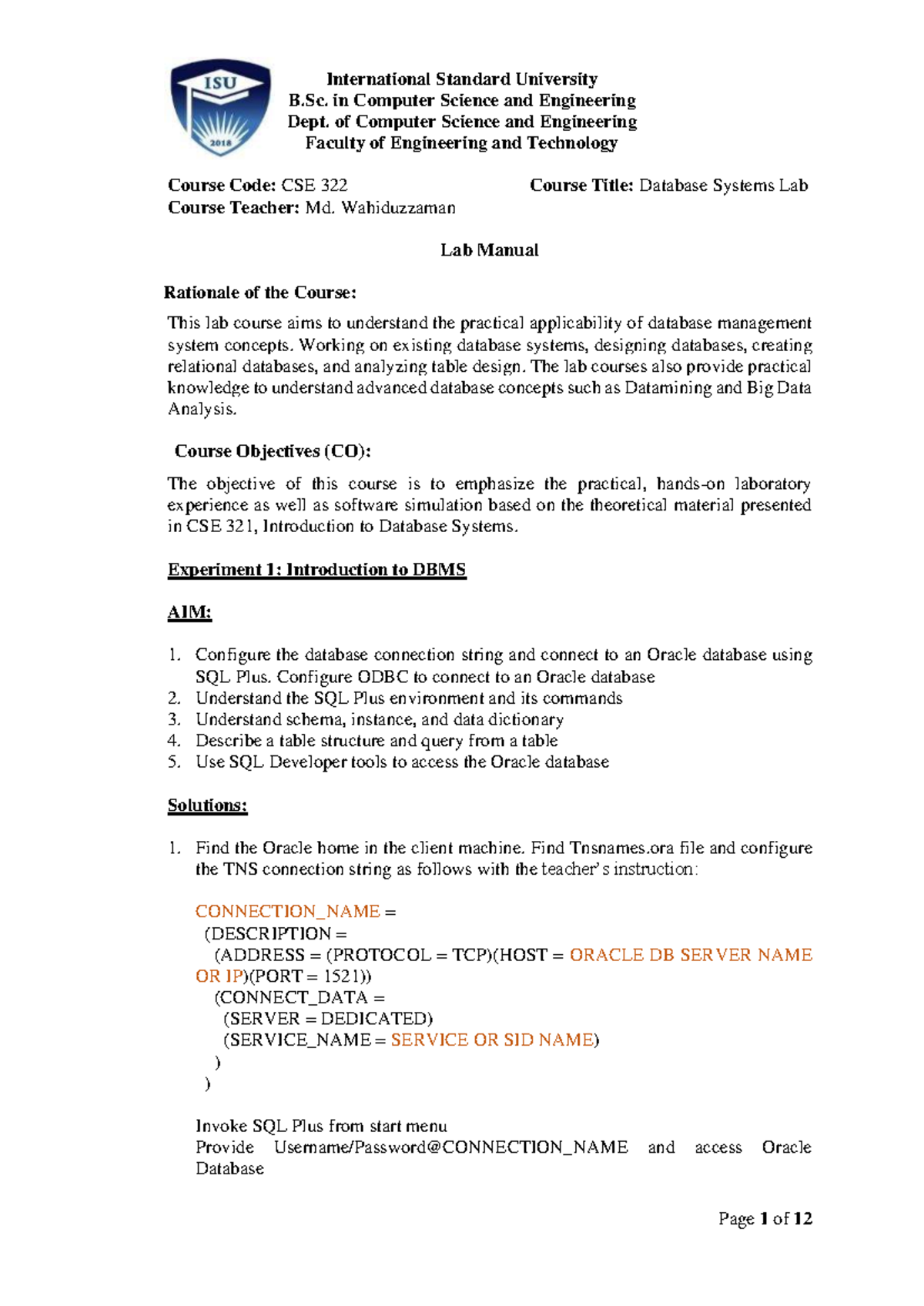 Lab Manual - It is a database system lab course. - International ...